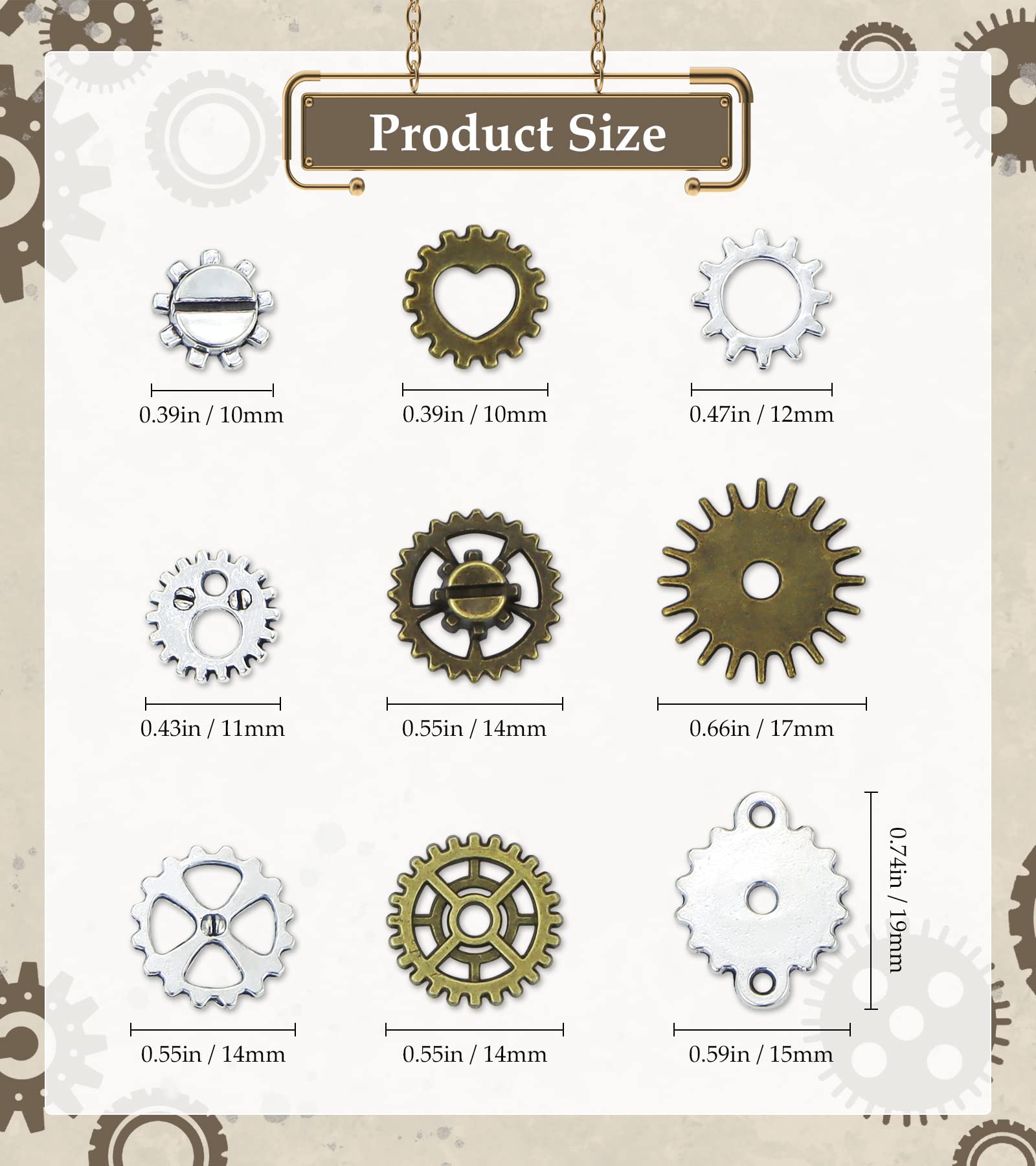 JIALEEY 130PCS Steampunk Gears Charms Bronze & Silver Assorted Antique Steampunk Gears Charms Pendant Clock Watch Wheel Gear DIY for Jewelry Making Crafting