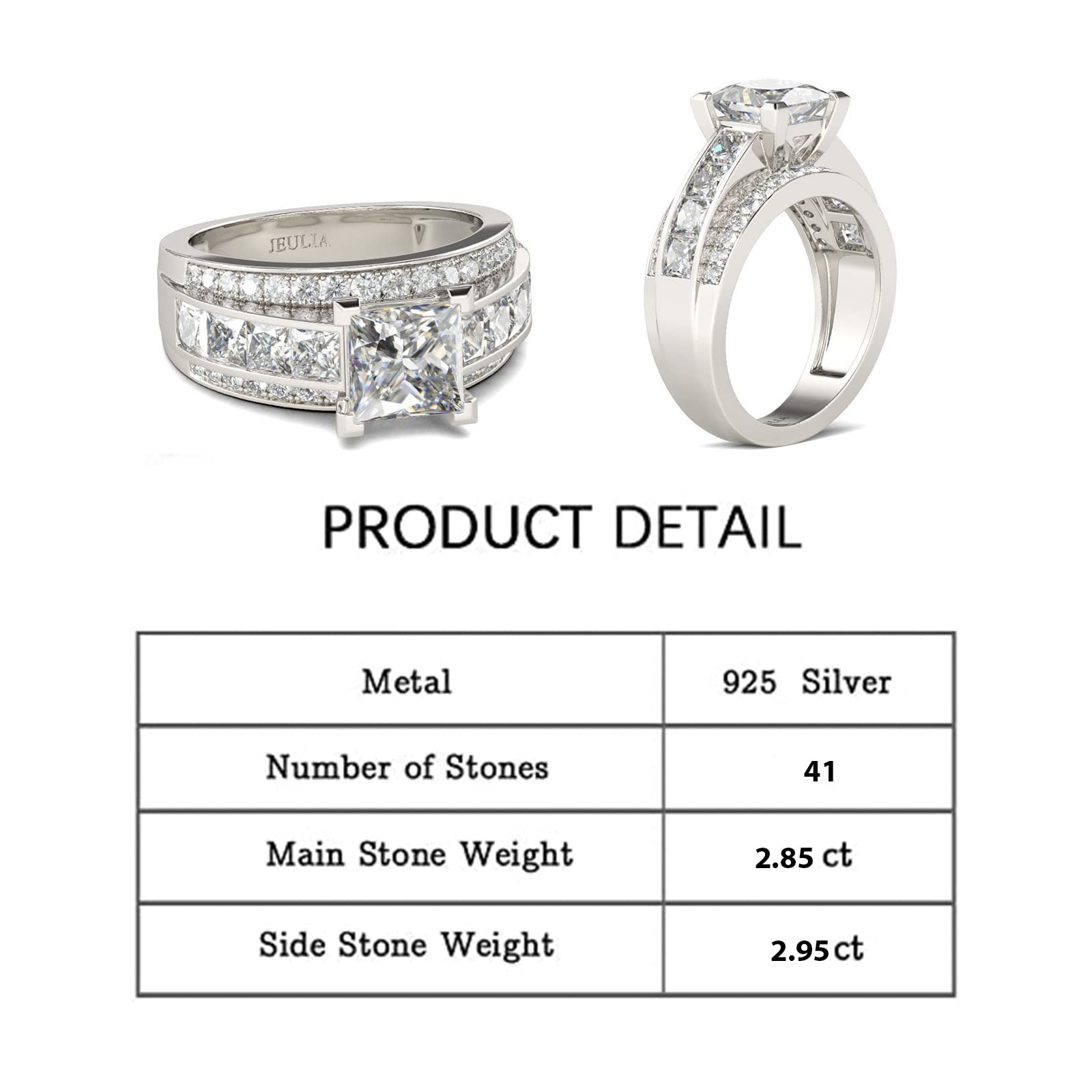 Jeulia Classic Princess Cut Sterling Silver Ring Cubic Zirconia Wedding Diamond Band Rings Engagement Bridal Anniversary Rings for her (Silver, 9.5)