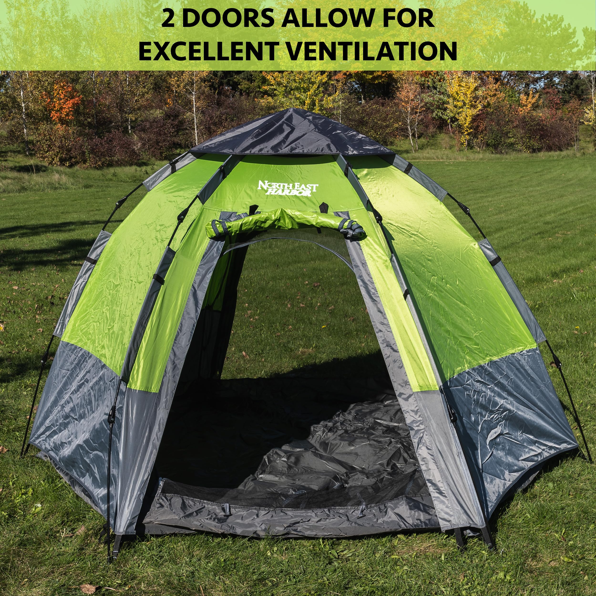 NEH 5-Person Camping Tent Instant Setup Waterproof Double Layered Material, Green, 8.9'L x 8.9'W x 5.25'H, Portable Carry Bag Included