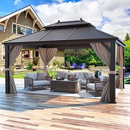 YOLENY 10' x 13' Hardtop Gazebo with Galvanized Steel Double Roof, Pergolas Aluminum Frame, Netting and Curtains Included, Metal Outdoor Gazebos for Garden, Patios, Lawns, Parties