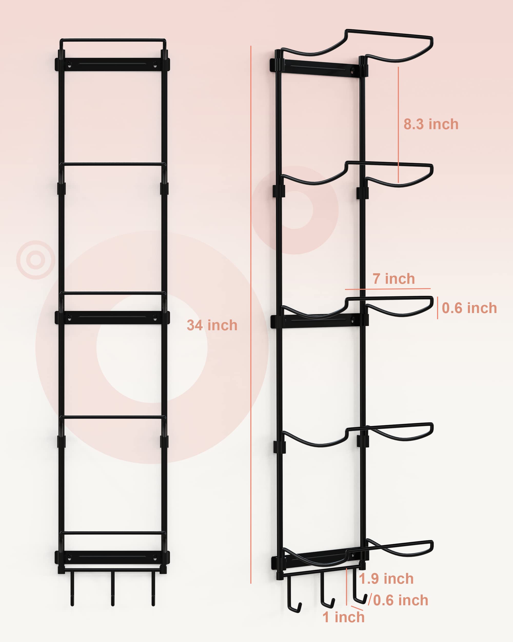 Meykwod Yoga Mat Holder Wall Mount, 5 Sectional Yoga Mat Storage Rack, with 3 Hooks for Hanging Yoga Strap, Resistance Bands