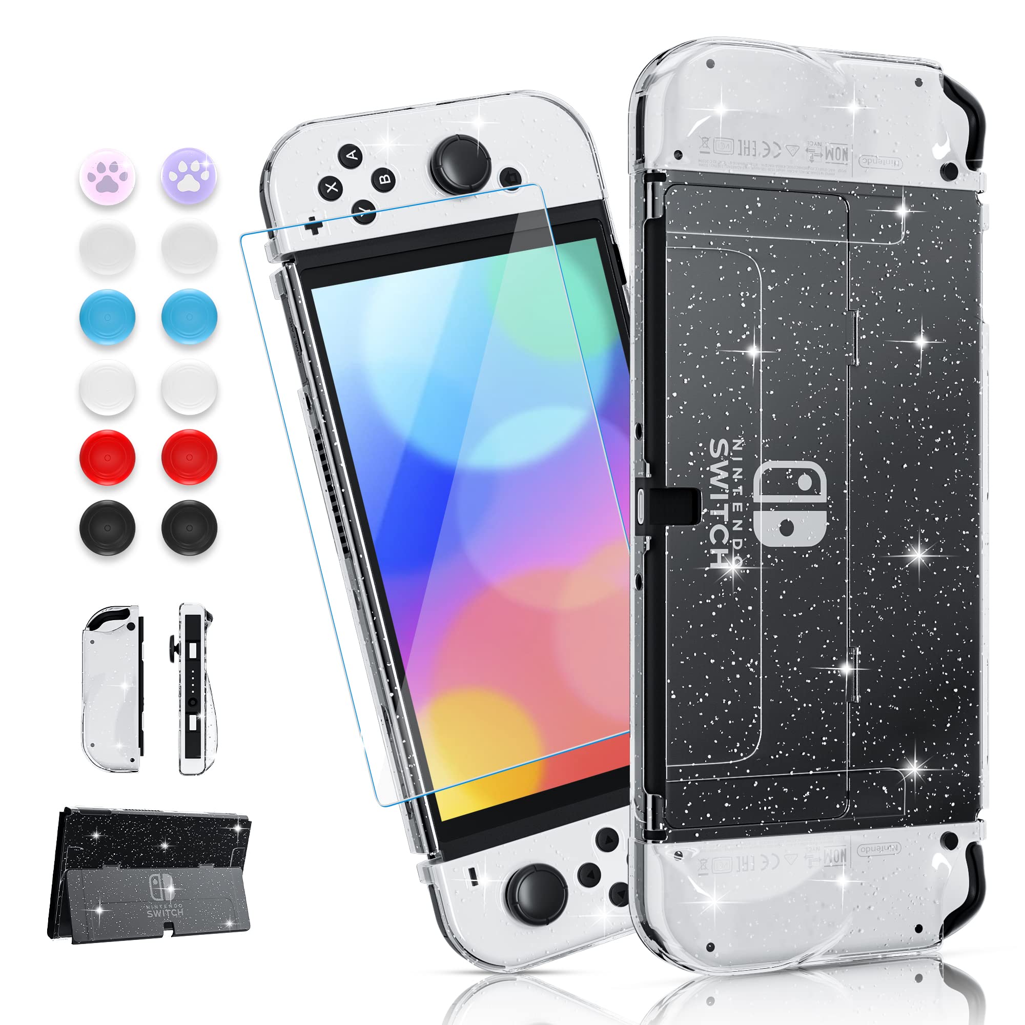 LASTYAL Glitter Flip Clear Case Compatible with Nintendo Switch OLED, Hard Console Protective Case and TPU Shell for Joycon Controller with Screen Protector and 12 Thumb Grip Caps