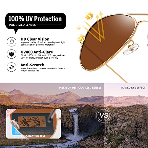 MEETSUN Aviator Sunglasses for Men Women Driving Polarized UV400 Protection Metal Frame 3Pack Black Gray+Gold Gray+Gold Brown