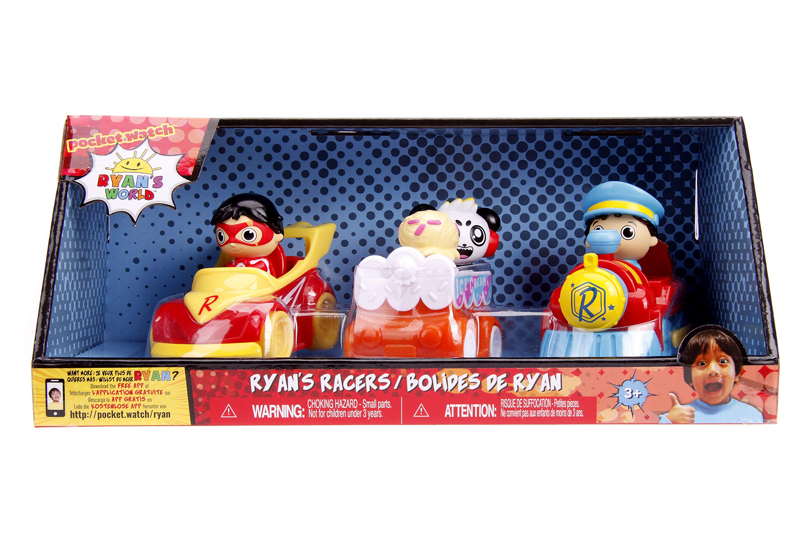 Jada Toys Ryan's World Racers 3 Pack Vehicle Set, Red Titan's Supercar, Ryan's Train, Combo Panda's Ice Cream Cart