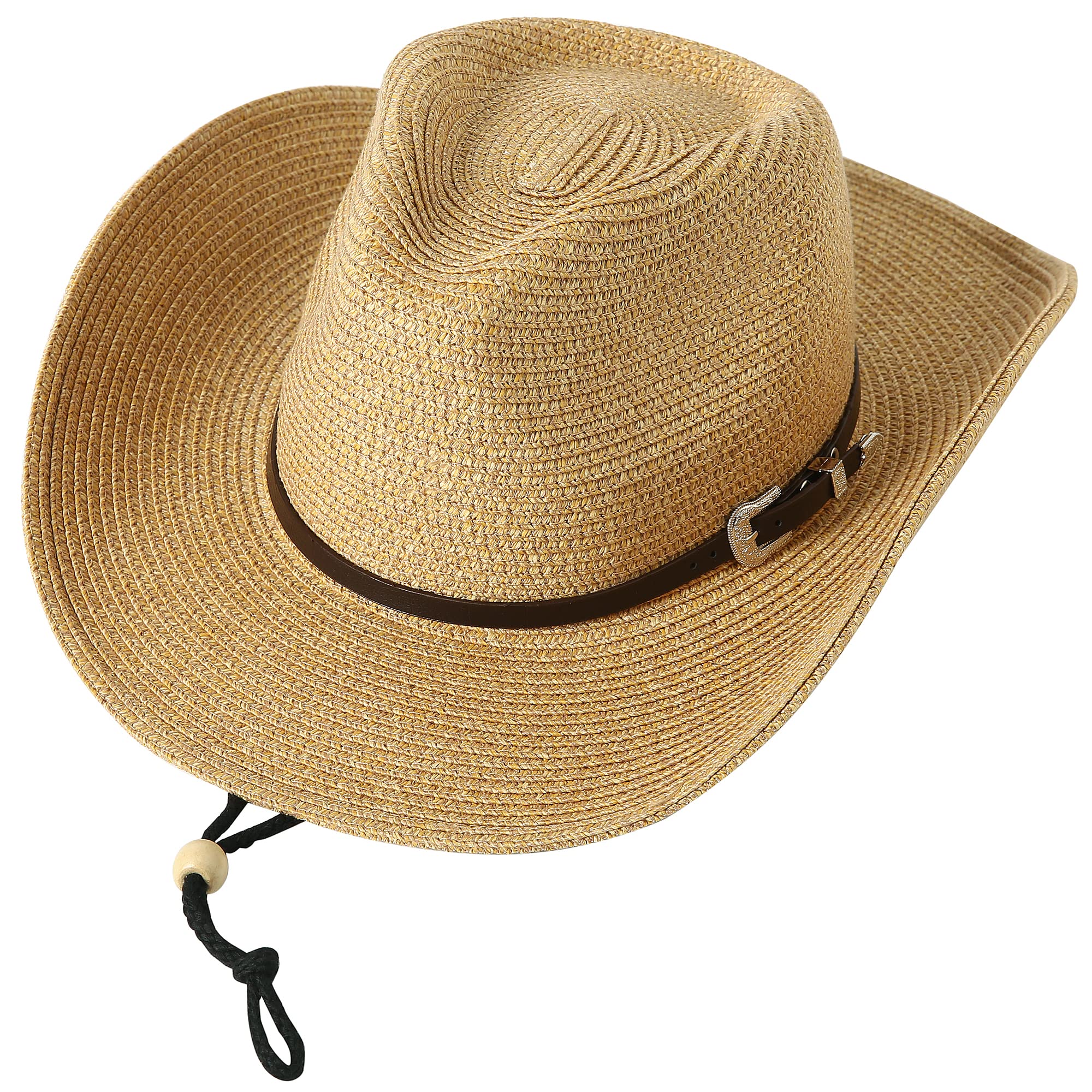 Lanzom Women Men Summer Western Straw Cowboy Cowgirl Hat Shapeable Wide Brim Staw Beach Sun Hat (Medium, Mixed Khaki)