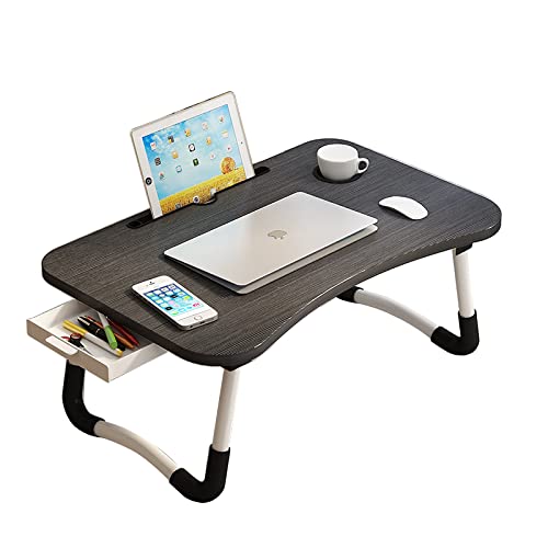 Home Office Lap Desk with Storage Drawer, Tablet and Cup Holders, Laptop Bed Tray Table, 23.6" Foldable Laptop Desk, Laptop Stand for Working, Writing, Gaming and Drawing, White Top White Legs