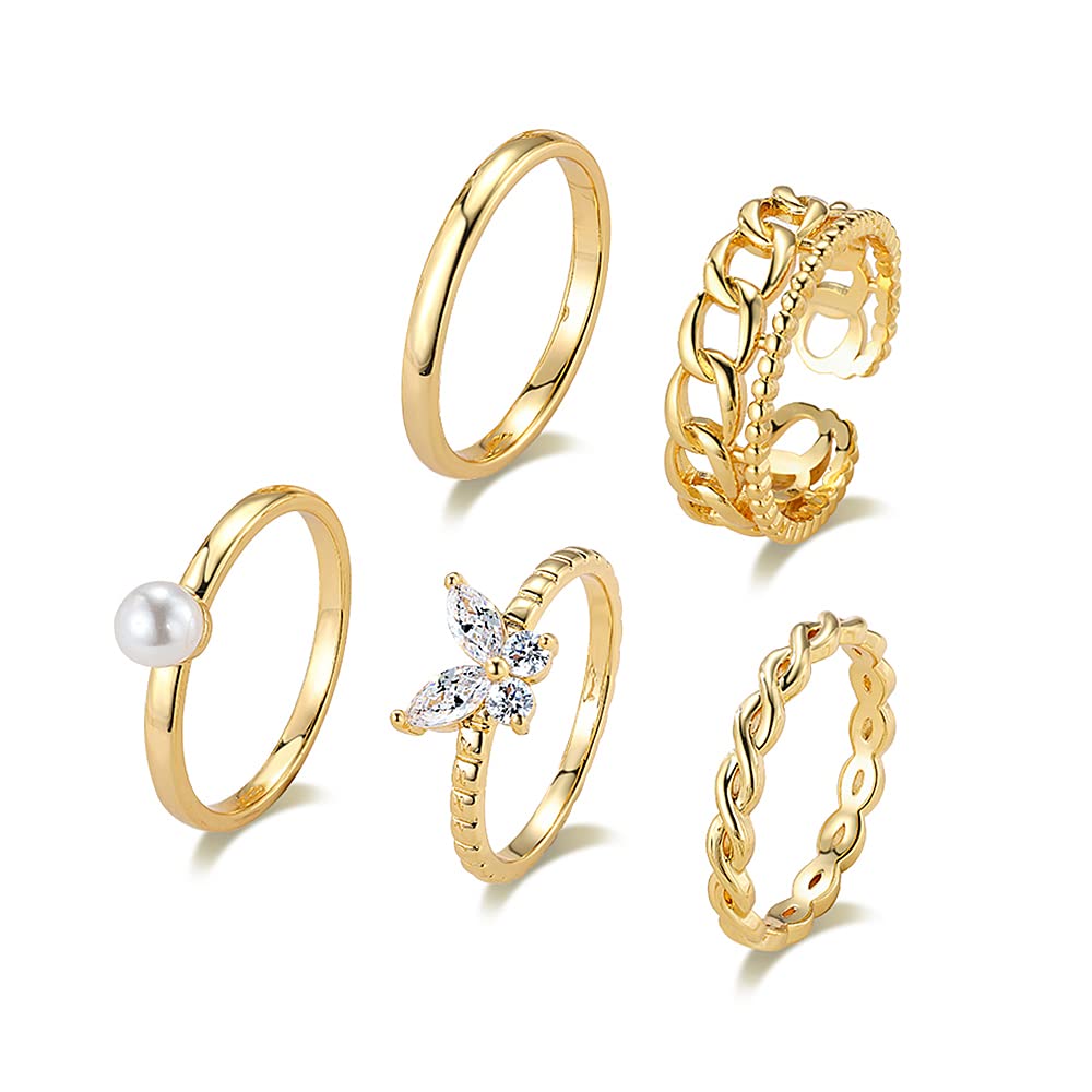 OPALead 5Pcs 14K Gold Plated Women Rings Set Stacking Knuckle Rings set for Women Cubic Zirconia Butterfly Vintage Pearl Thin Gold Rings Size 6-10 (6)