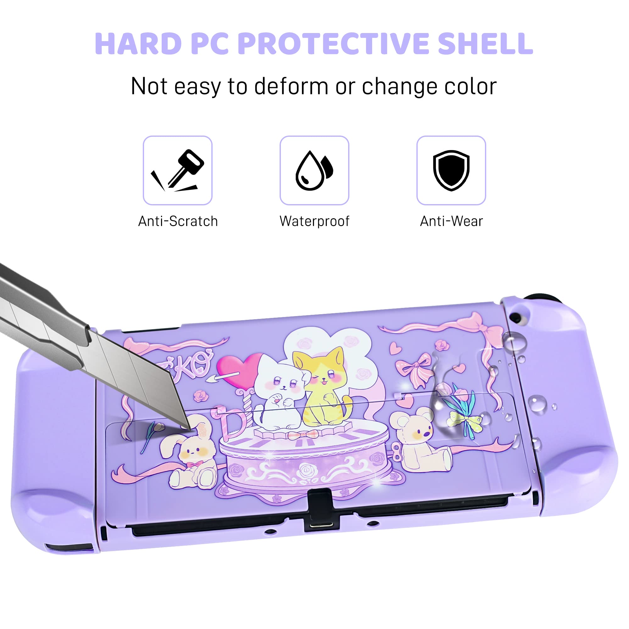 LASTYAL Kawaii Neko Cat Protective Shell Compatible with Nintendo Switch OLED, Hard PC Purple Cover Case for Switch OLED and Joycon Controller with Anti-Scratch Design - Neko