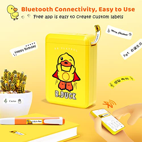 JADENS D110 & B. Duck Label Maker, Portable Bluetooth Label Printer for Storage, Office, Home, Organizing, Mini Cute Label Maker Machine with 1 Roll Cartoon Tape, Sticker Maker, Yellow