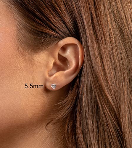 Olive & Chain Solid 14K Gold, Heart Shape Diamond Stud Earrings, Top Grade Simulated Diamond, Solitaire 3-Prong Setting, Hypoallergenic, Unisex Men’s Women’s
