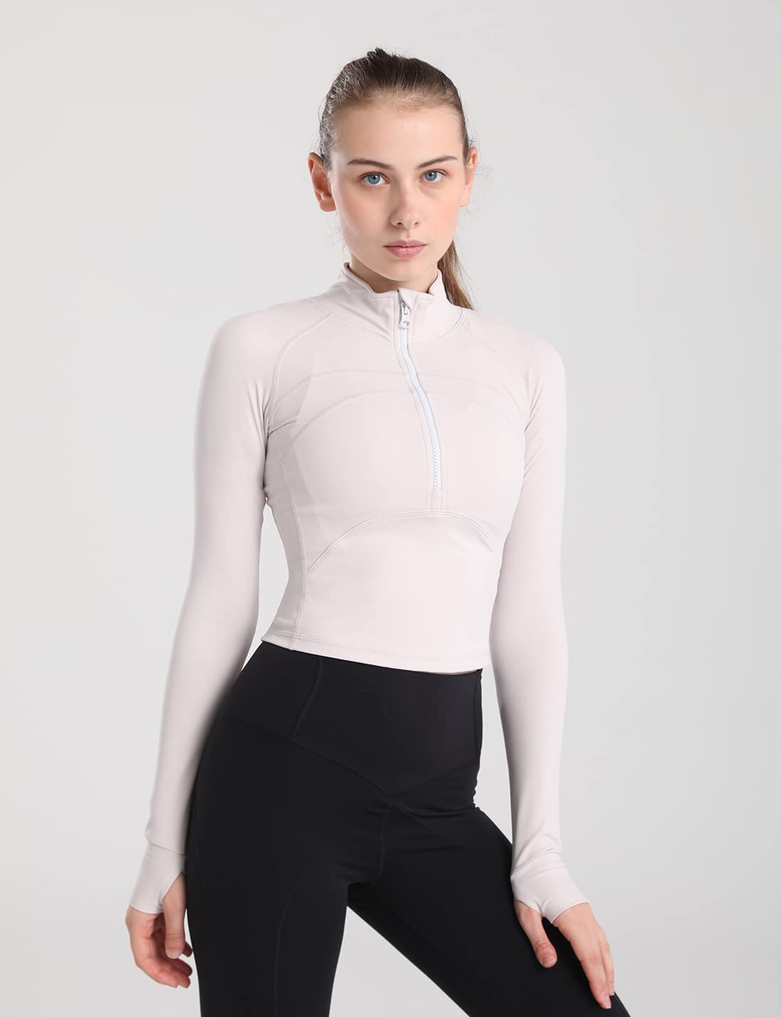 Locachy Women's Slim Fit Half Zip Workout Yoga Jacket Athletic Running Track Tops with Thumb Holes White Medium
