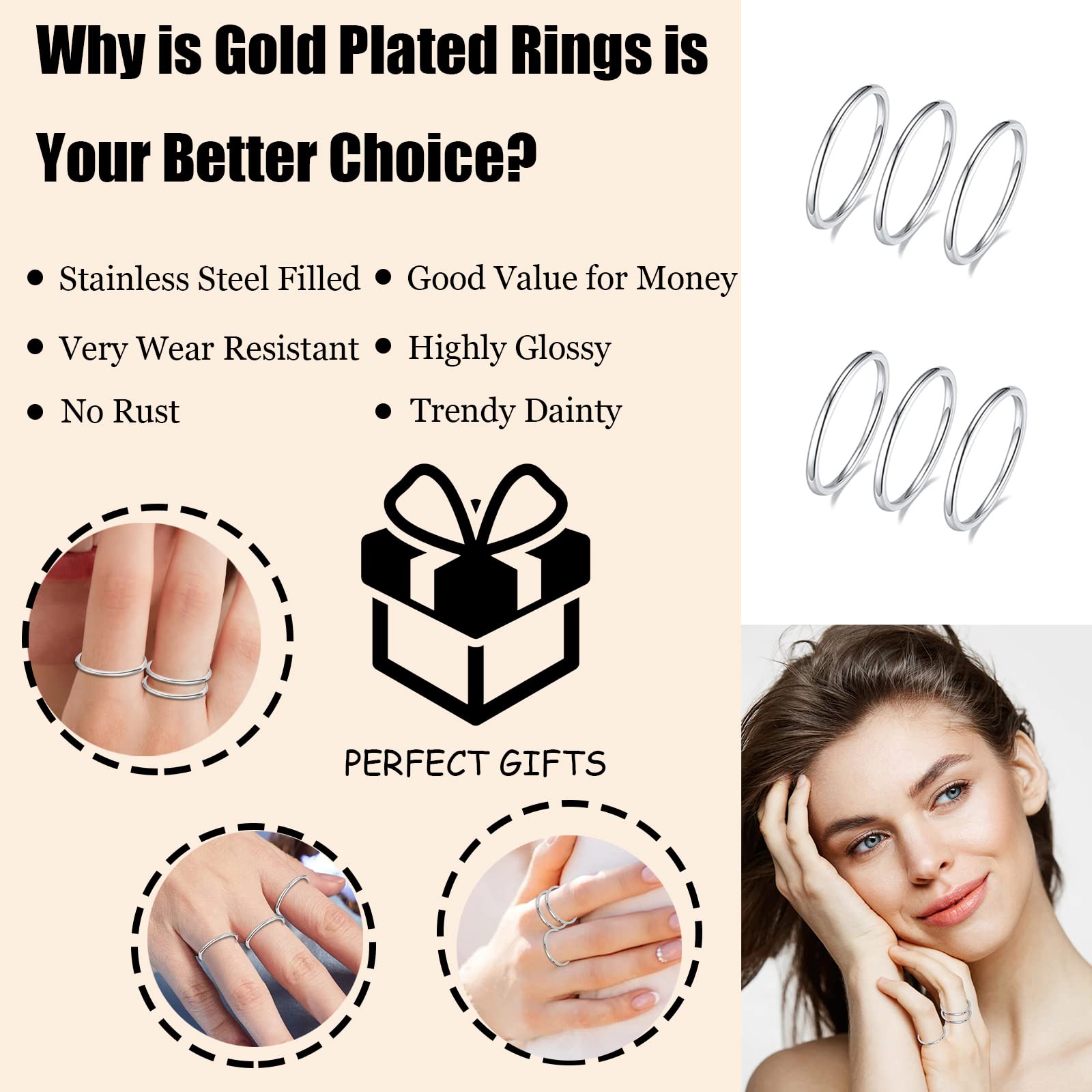 Long tiantian 6 Pcs Stacking Rings for Women Silver Simple Knuckle Rings for Women Stainless Steel Plain Thin Rings Thumb Statement Rings Christmas Stocking Stuffers Gifts(Size 7)
