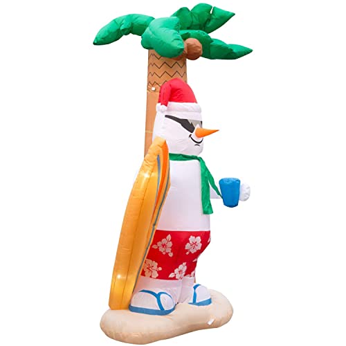 Holidayana 8 ft Christmas Inflatable Surfing Snowman Yard Decoration - 8 ft Tall Lawn Decoration, Bright Internal Lights, Built-in Fan, and Included Stakes and Ropes