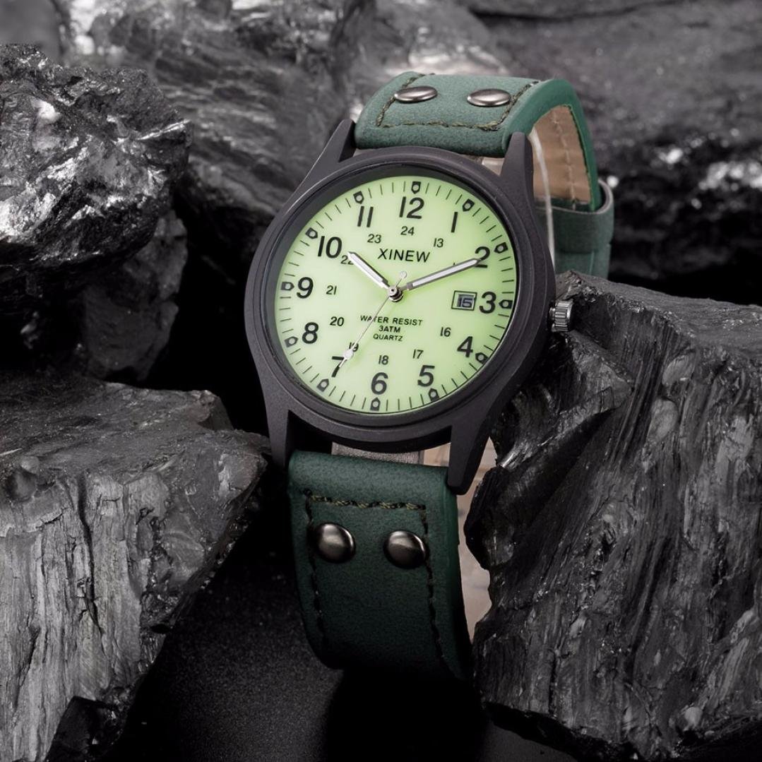 IEason,Vintage Classic Men's Waterproof Date Leather Strap Sport Quartz Army Watch (Light Green)