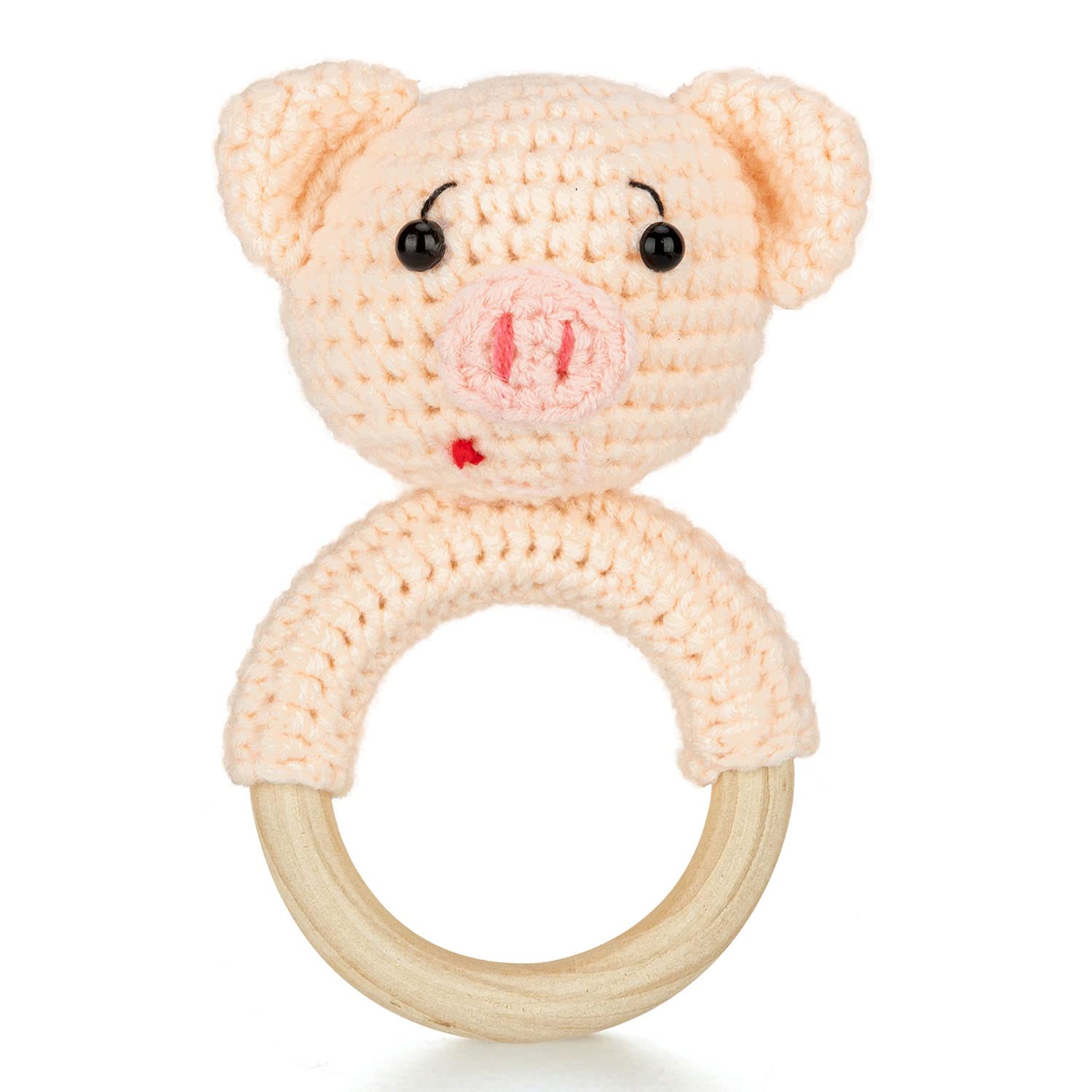 LUJCCHY Animals Wooden Baby Rattle Toys Stuffed Crochet Rattle with Teether Ring for Newborn, Shaker Rattles Natural Infants First Toy Gift