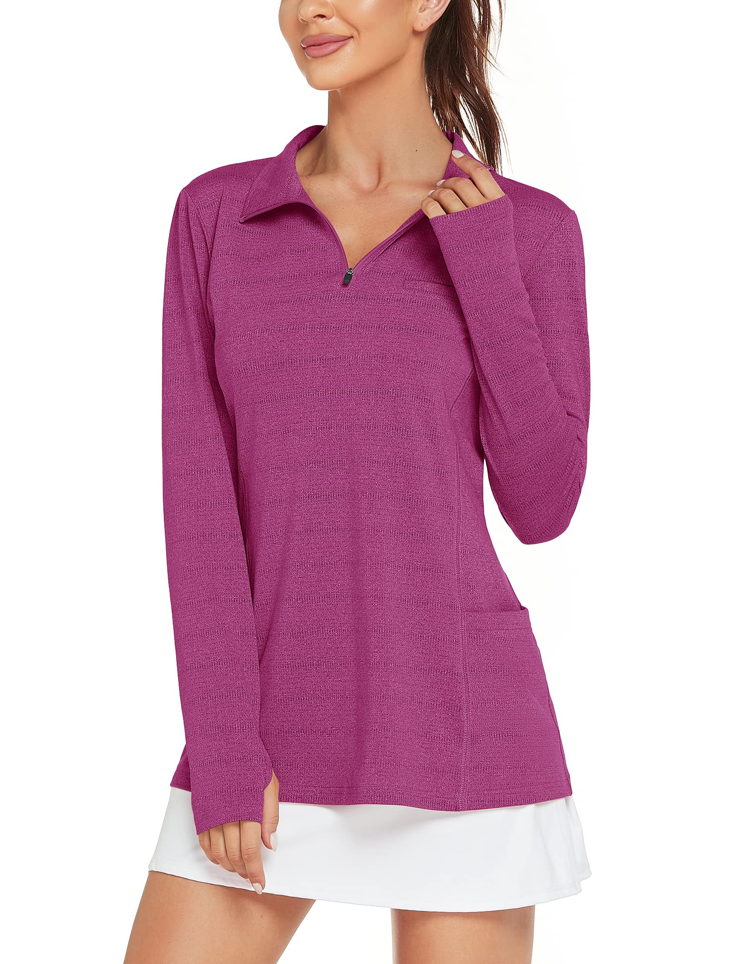 Loovoo Womens Long Sleeve 1/4 Zip Pullover Athletic Hiking Running Workout Tops Quick Dry Sun Protection Golf Polo Shirts Purple Red