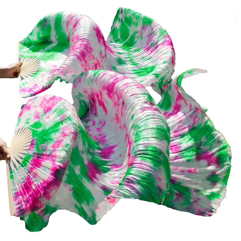 Leemiman Women 1 Pair(Left+Right) Silk Belly Dance Fan Veils, Silk Fans for Dancing, Tie Dyed Silk Fan Long Folding Fans,Length 180cm Width 90cm