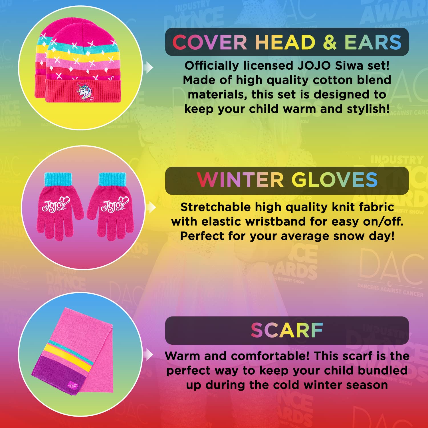 JoJo Siwa Kid’s Winter Hat, Scarf, and Snow Gloves, 3 Pc. Set, Soft and Warm Pom-Pom Beanie with Big Bow
