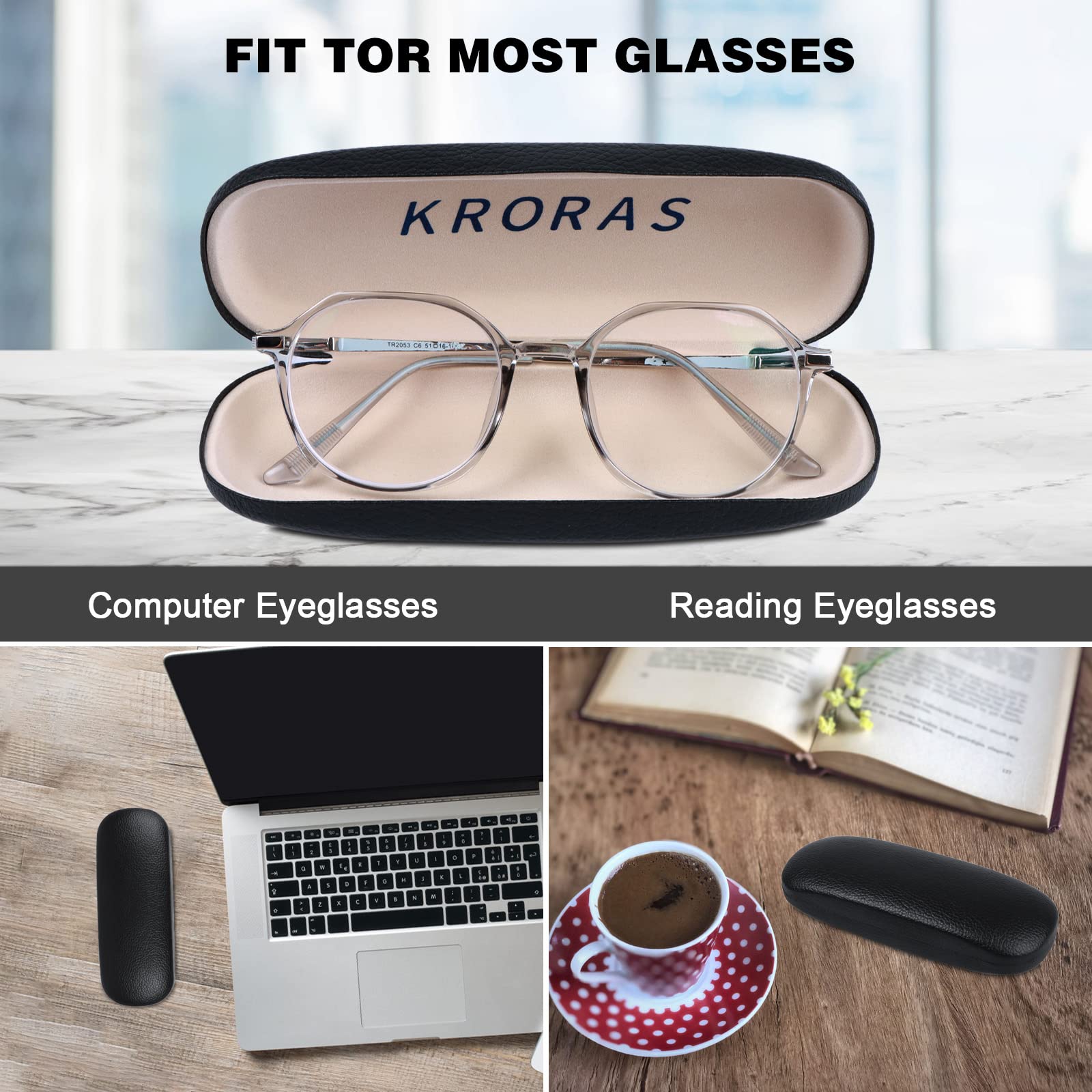 KRORAS Hard Glasses Case For Men & Women, Unisex Hard Shell Eyeglasses Protector Cases BLACK