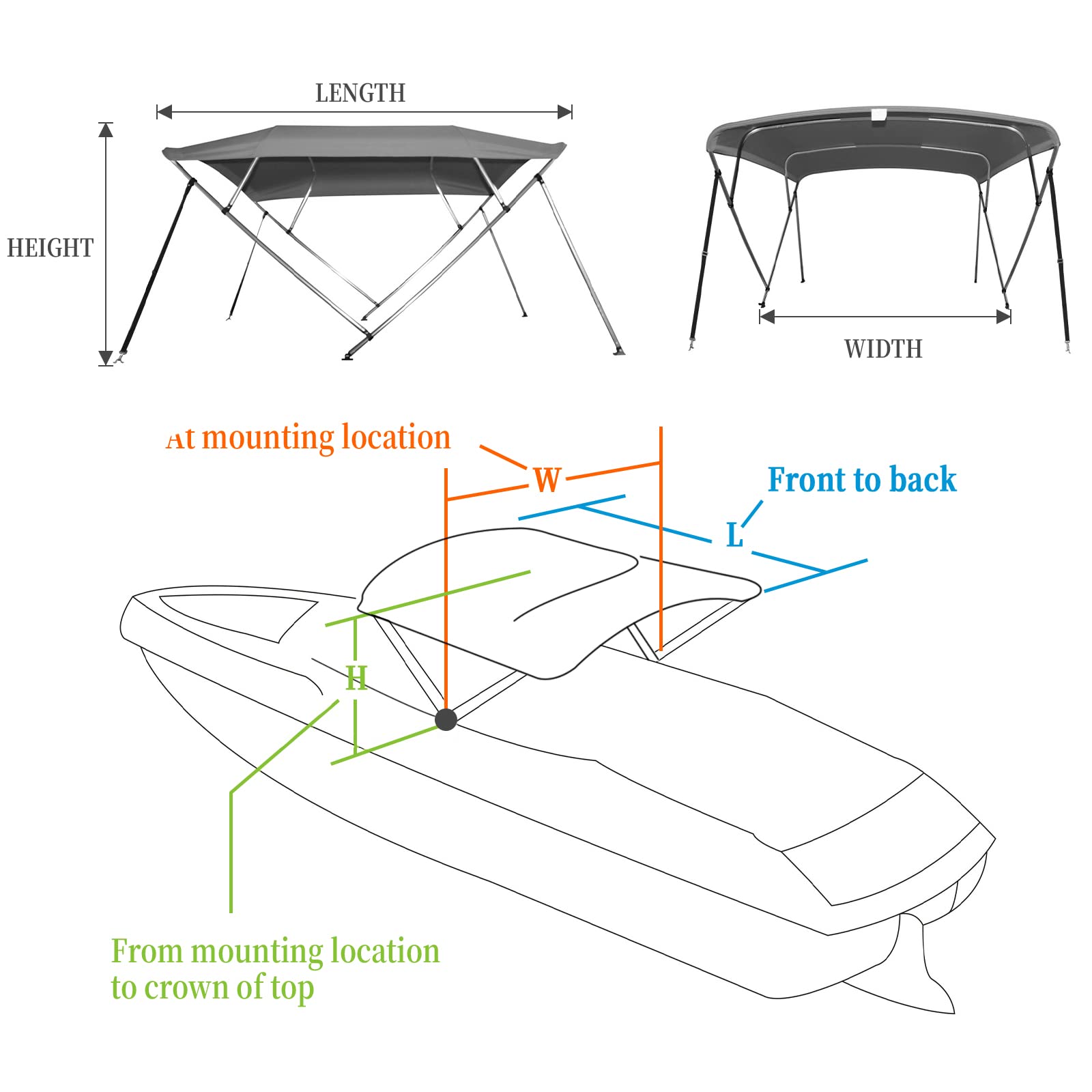 MAROUTE 3 Bow Bimini Top Boat Cover with 1” Aluminum Alloy Frame, Includes 2 Straps, 2 Adjustable Rear Support Poles with Zippered Storage Boot and PU Coating Canvas (6'L x 46" H x 67"-72" W, Grey)