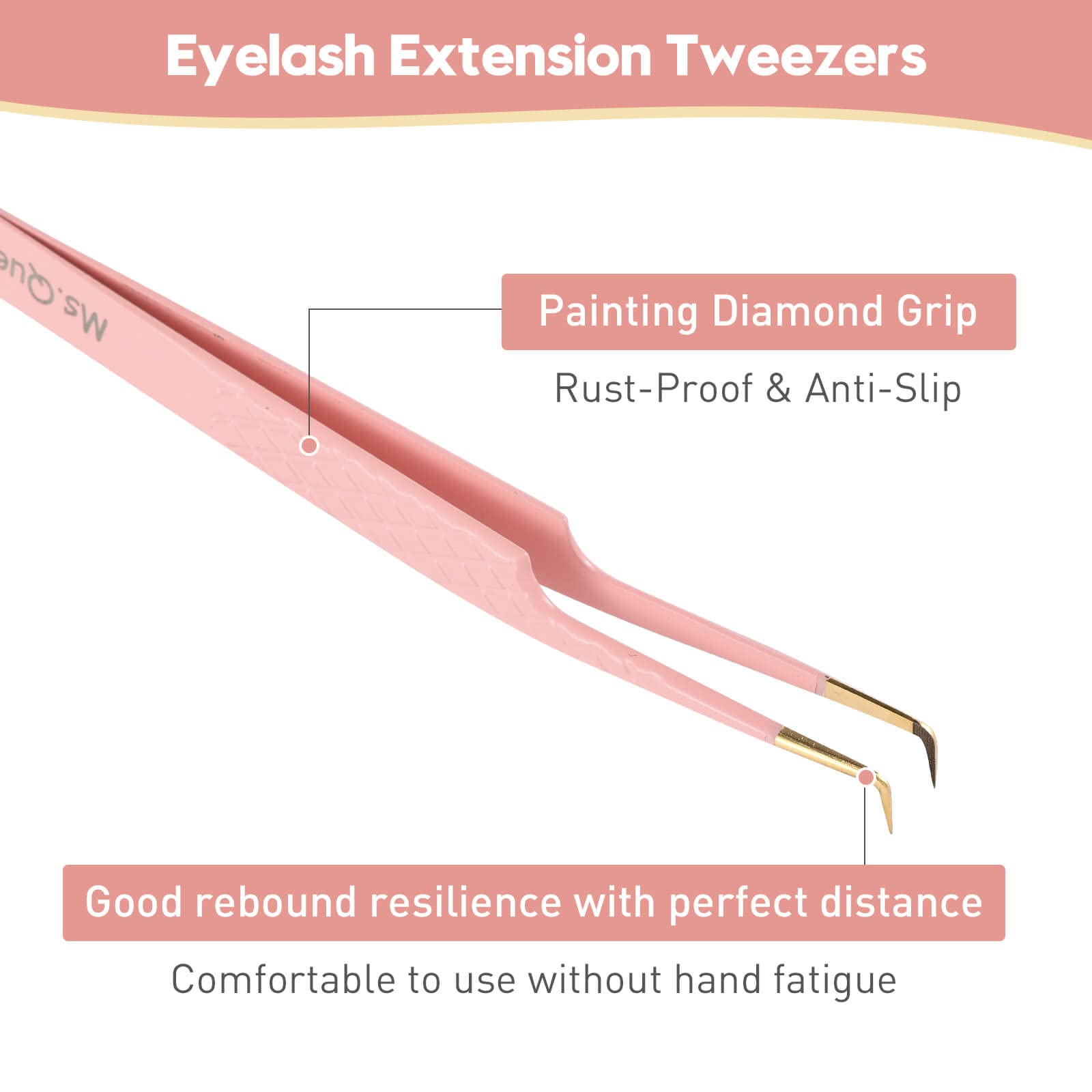 Ms.Queen Lash Extension Tweezers,Diamond Grip 90 Degree False Lashes Tweezers 3D 6D Mink Eyelash Make Fans