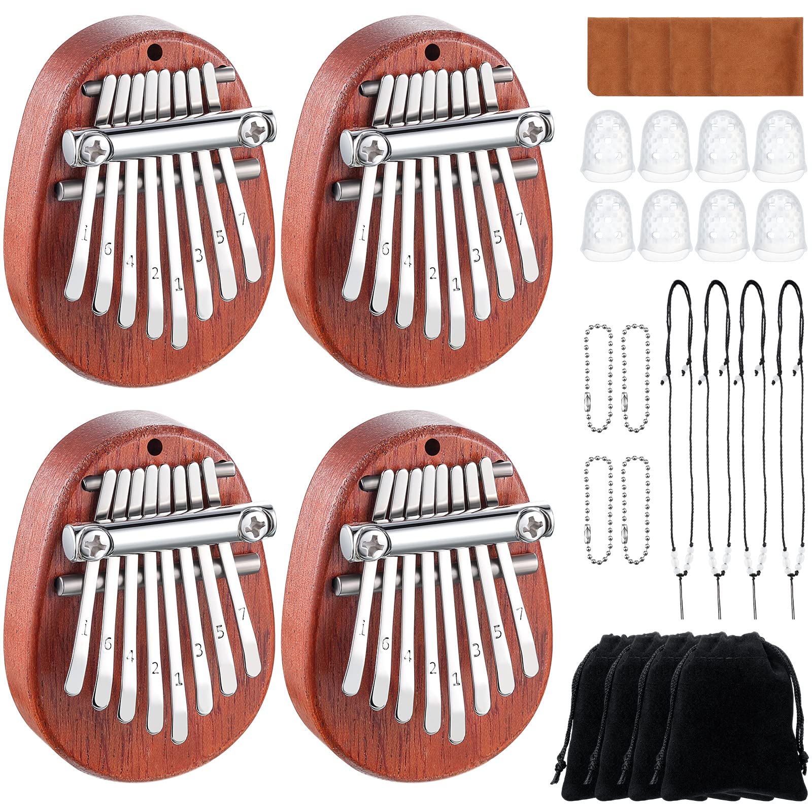Konohan 24 Pcs 8 Keys Mini Kalimba Piano Set, Include 4 Mini Exquisite Finger Thumb Piano 4 Lanyard 4 Chains 8 Finger Protector 4 Cleaning Cloth for Kids Adults Beginners Gift (simple Style)