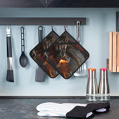Knight Fighting Dragon Kitchen Pot Holders Hot Pad, Potholders Hot Pads for Kitchen,Washable Pot Holder Oven Mitts,Heat Resistant Hot Pad Kitchen Decor Accessories for Cooking and Baking(2 Sets
