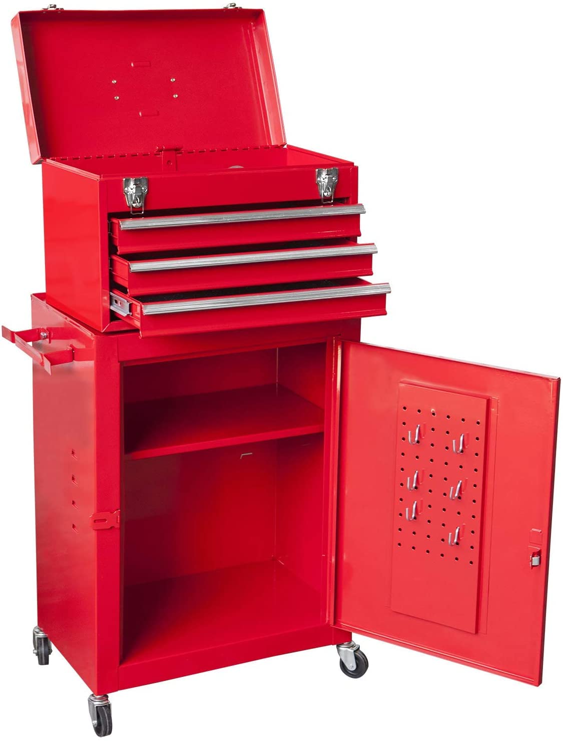 HPDMC Rolling Garage Workshop Tool Organizer - Detachable 3 Drawer Tool Chest with Large Storage Cabinet and Adjustable Shelf, Red
