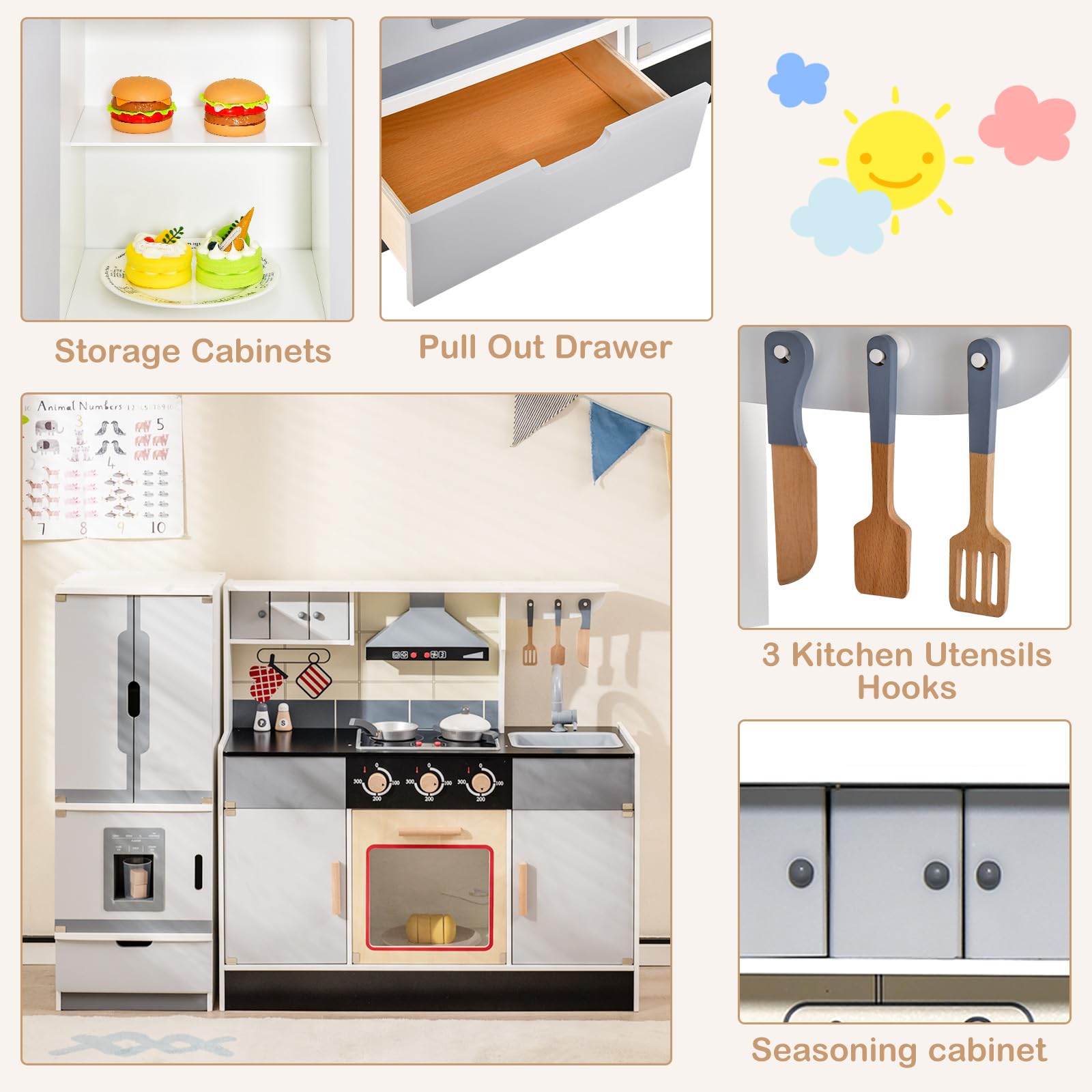 HONEY JOY Kids Kitchen Playset, 2-Piece Modular Wooden Play Kitchen for Toddlers & Refrigerator with Ice Maker, Range Hood, Oven, Little Chef Pretend Toy Kitchen Set with Light & Sound, Gray
