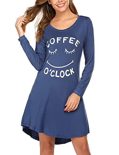 HOTOUCH Women Nightgown Long Sleeve Cute Print Sleepshirts Soft Knee Length Pajama Sleepwear