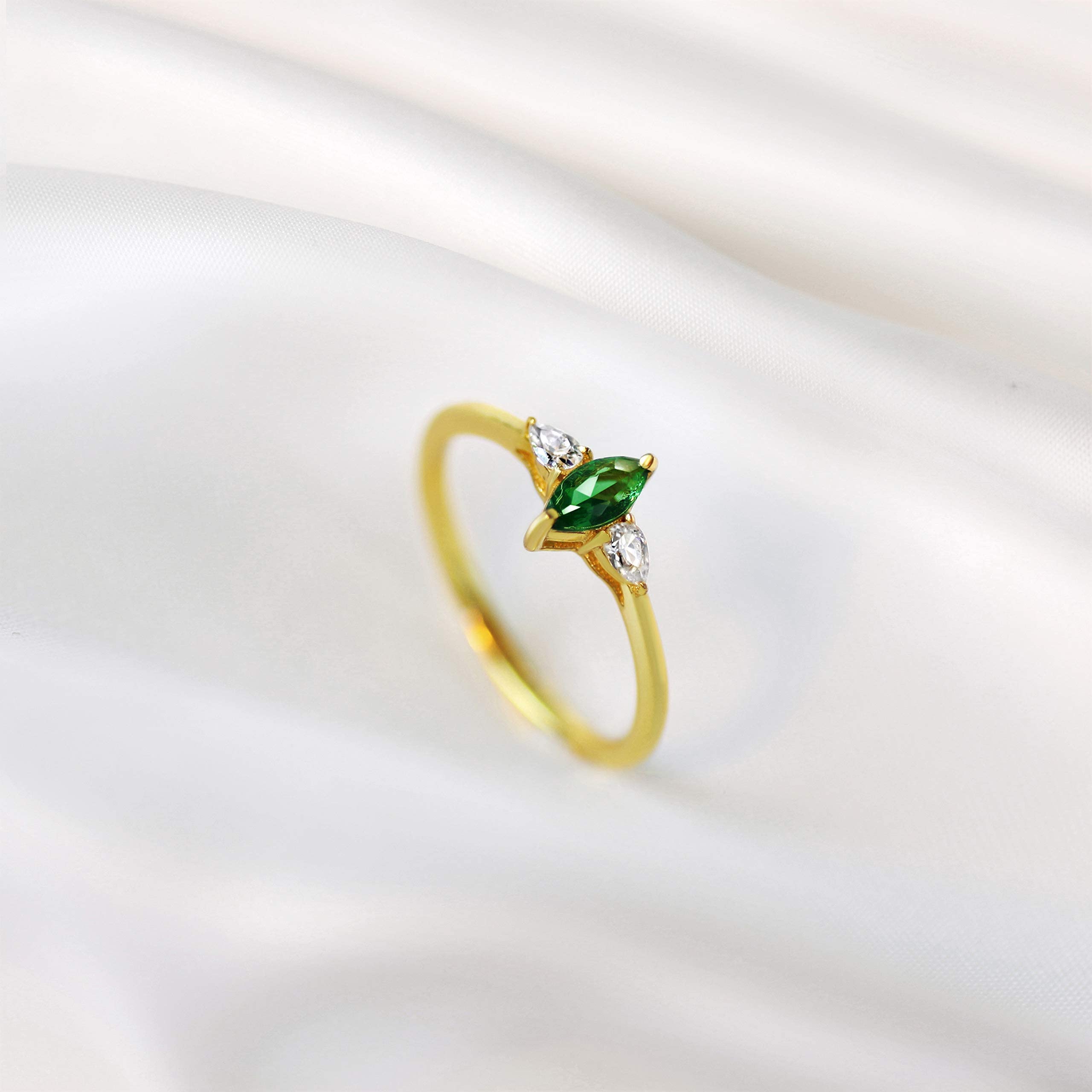 Michooyel 18K Gold Plated Dainty Emerald Rings Marquise Cut Diamond Sterling Silver Rings Cute Rings For Women