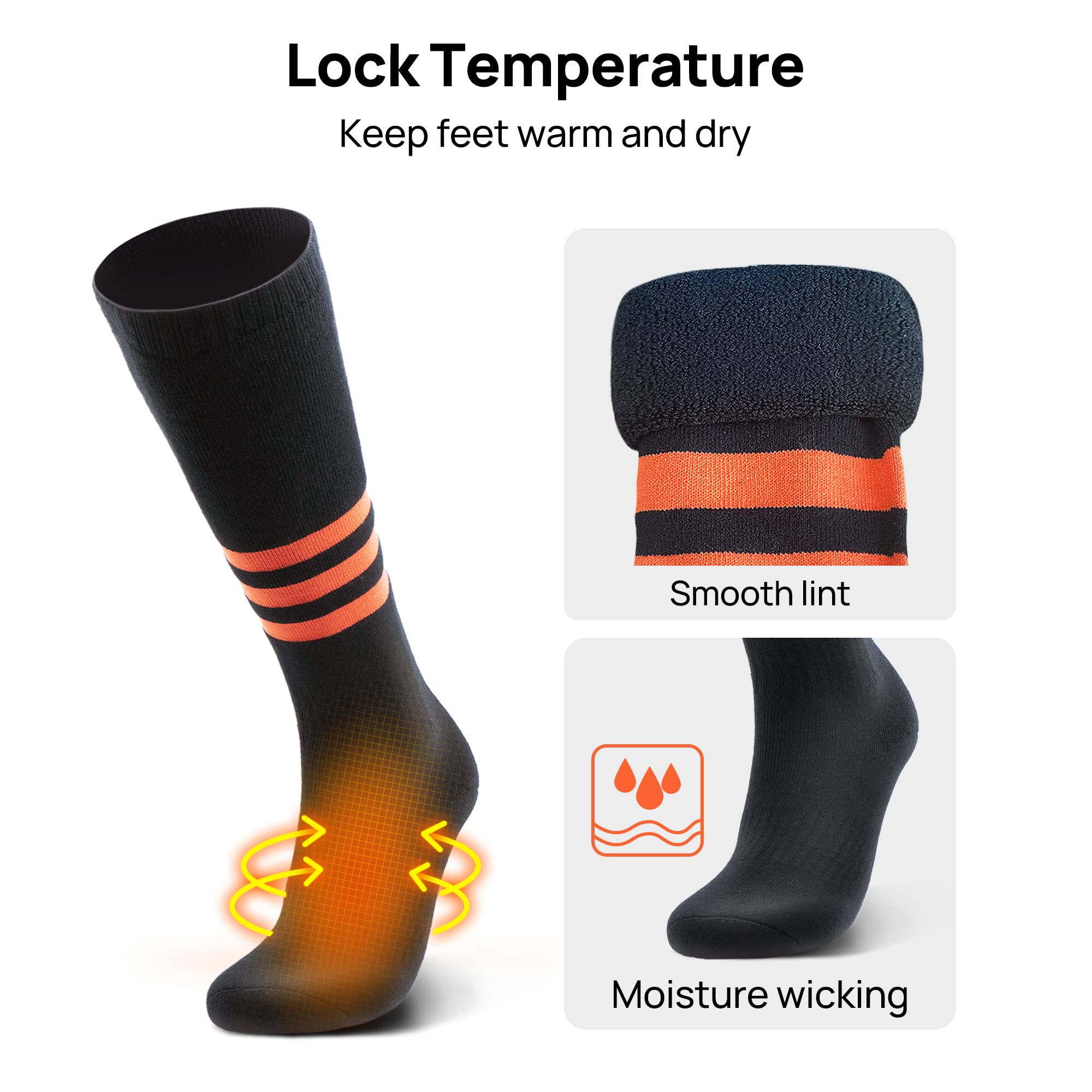 MARYSTI Winter Ski Socks, 1 Pair, for Skiing, Snowboarding, Outdoor Sports Socks - Black & Orange XL