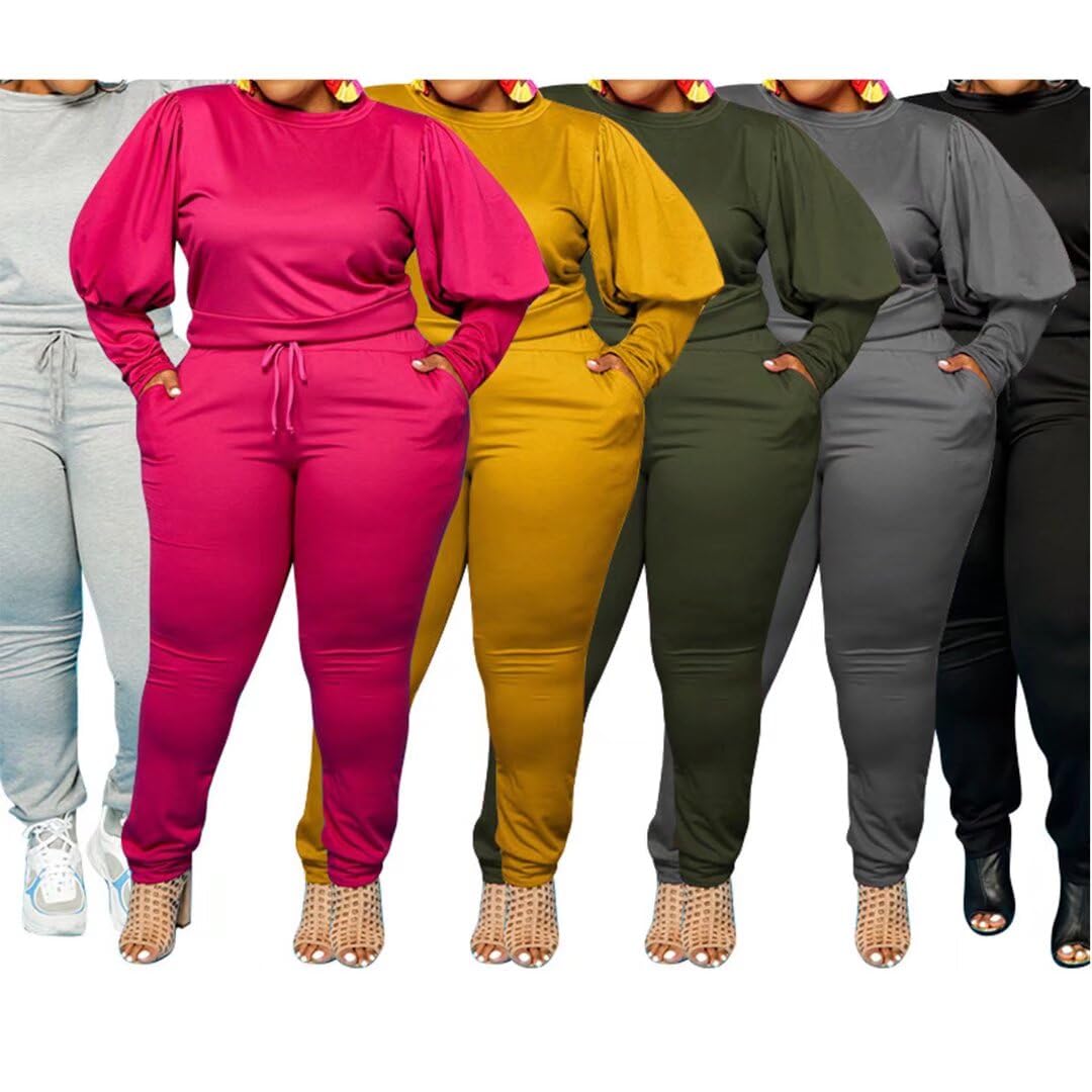 IyMoo Women Plus Size Solid 2 Piece Outfits Crew Neck Top and High Waist Pants Sport Jumpsuits Sweatsuit Set Black 3X
