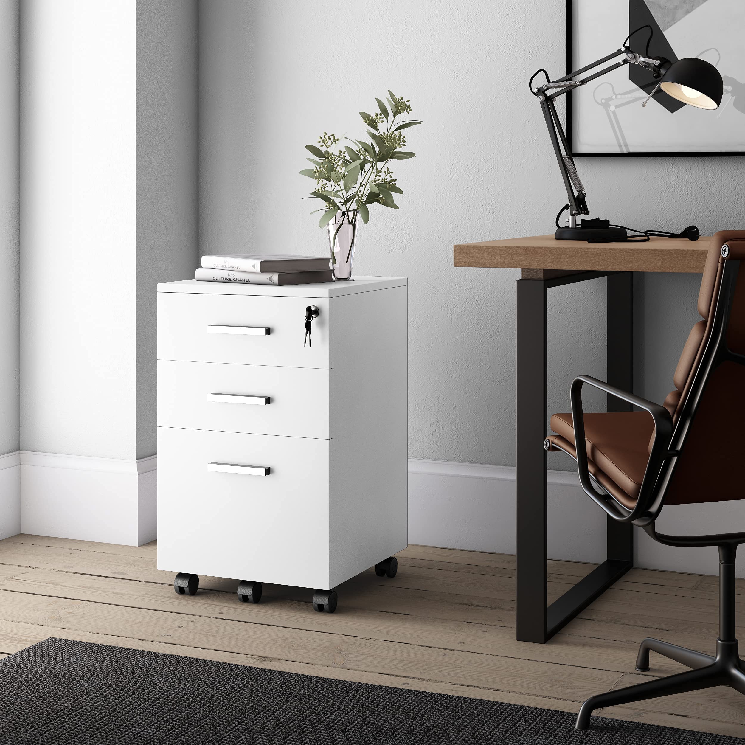 Lazio 26 Inch File Cabinet with Lock - Filing Cabinet for Home and Office - 3 Drawer File Cabinet with Wheels for A4 Sized Letters/Documents, Legal Sized Documents, Hanging File Folders - White/White