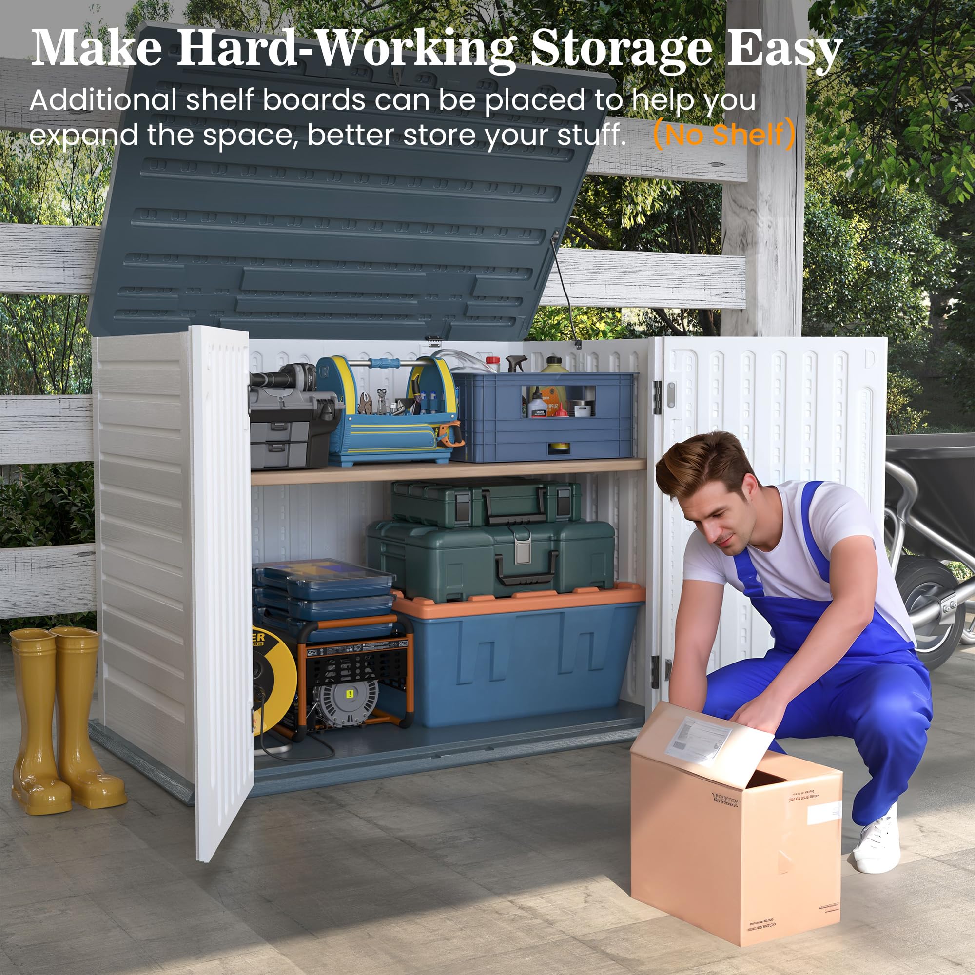 UDPATIO Outdoor Storage Cabinet 35 Cu Ft, Resin Horizontal Outdoor Trash Can Storage Box Lockable Shed 4 x 2 ft for Garbage, Garden Tools, Lawn Mowers, Light Gray
