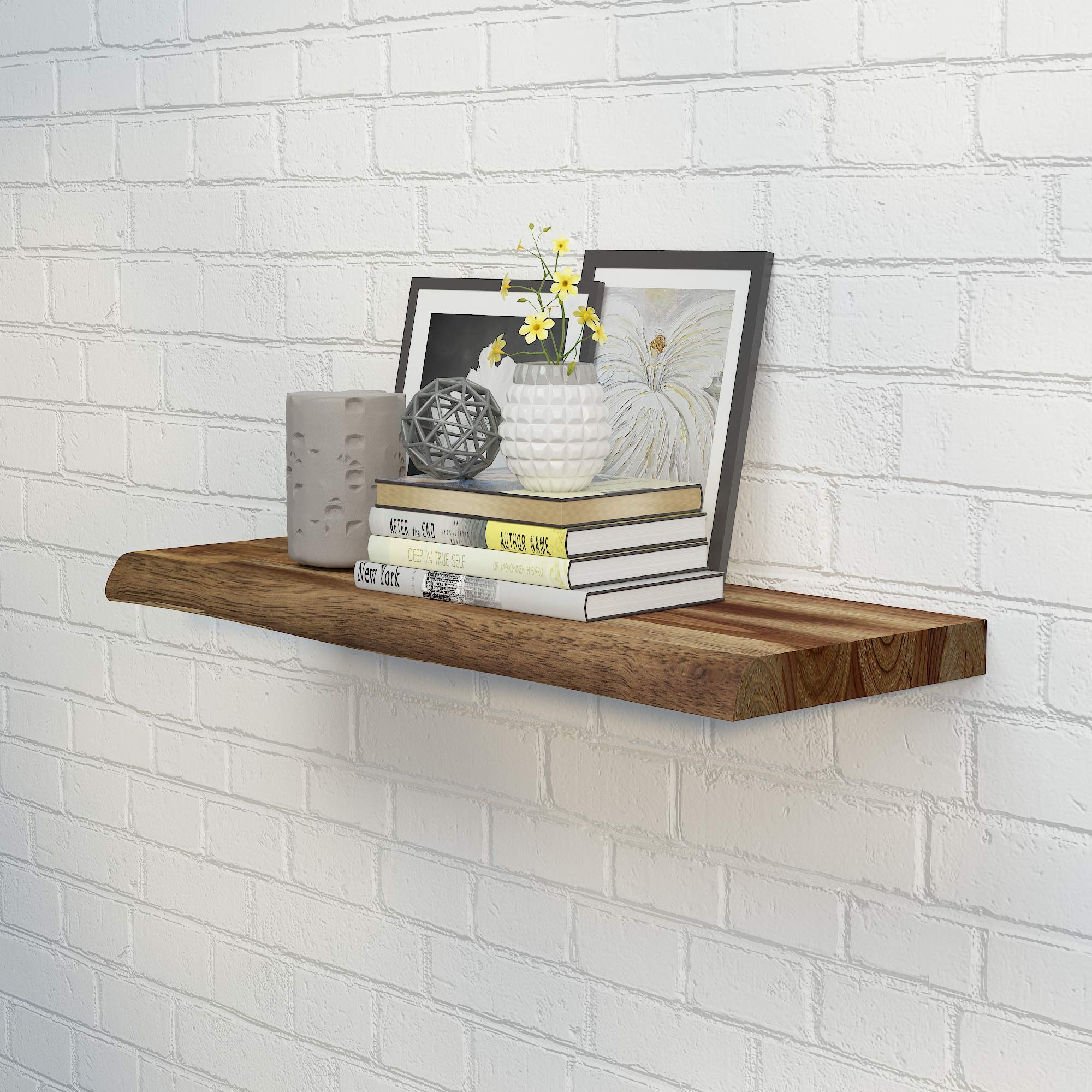 INTERBUILD REAL WOOD Wall Mounted Floating Shelf, Solid Acacia Wood with Exposed Natural Edge 47" x 10", Holds up to 22lbs. - Golden Teak