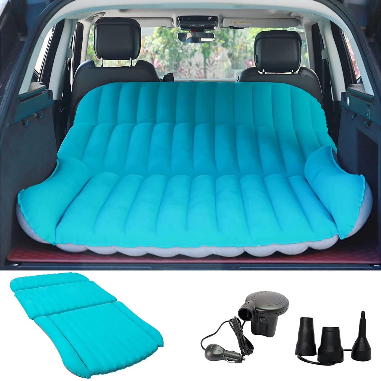 KMZ SUV Air Mattress Thickened and Double Side Flocked Travel Camping Bed for SUV Back Seat 4 Air Bags(Fruit Green and Space Gray)
