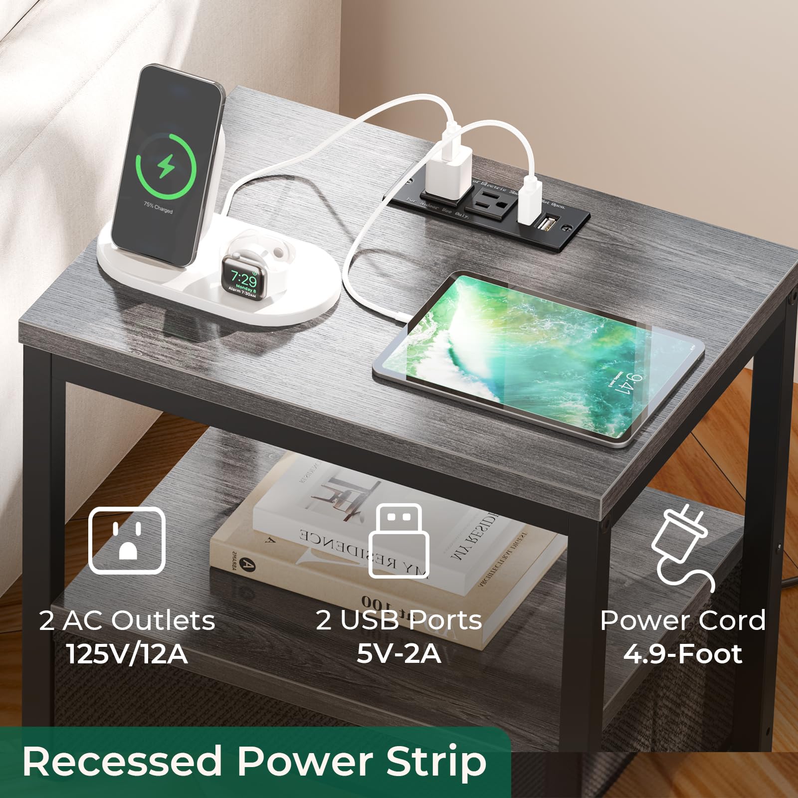 Huuger Nightstand with Charging Station, 27.6 Inch Side Table with Fabric Drawers, End Table Bedside Table with USB Ports and Outlets, Night Stand for Bedroom, Charcoal Gray