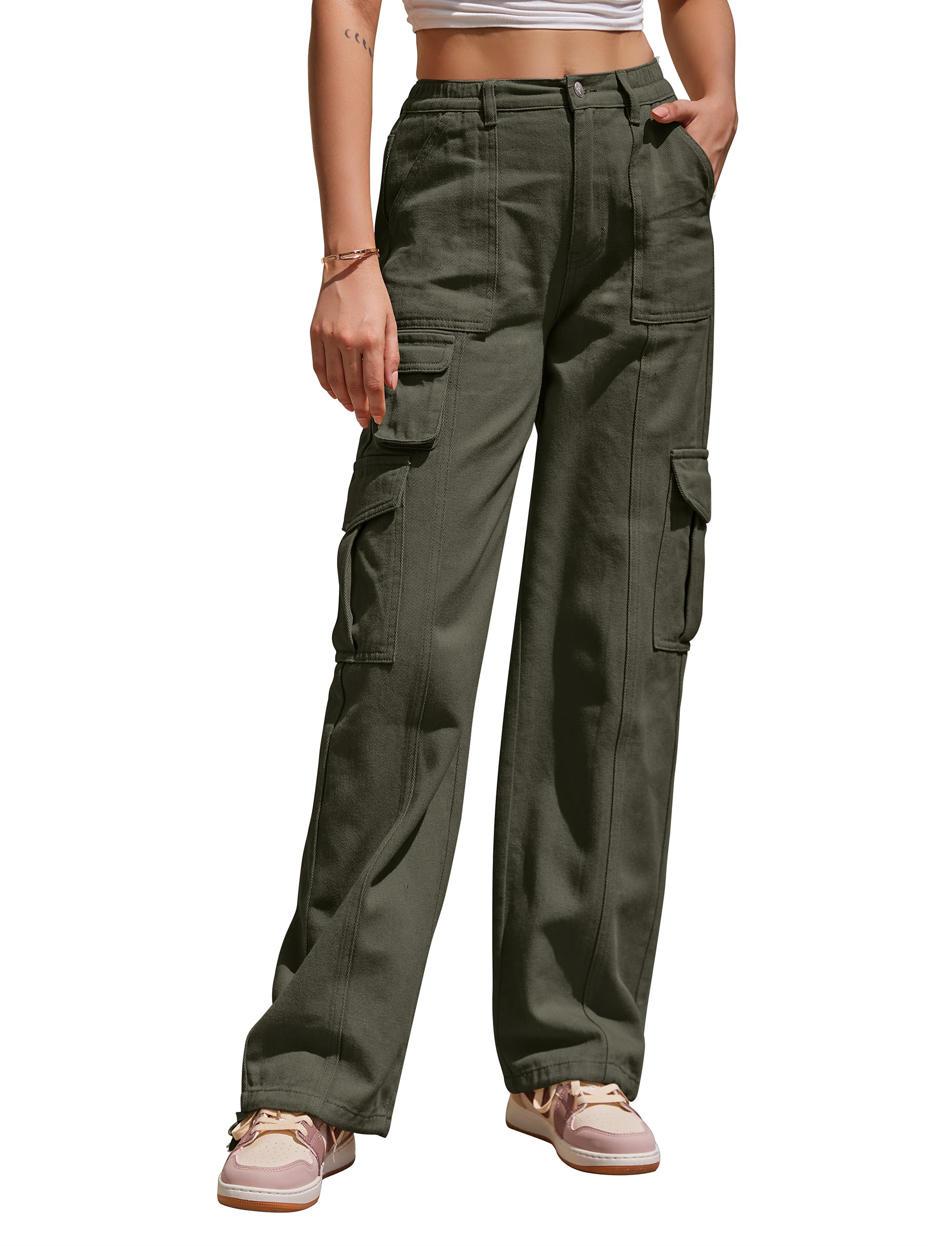 Hiistandd Women's High Waisted Cargo Pants Cotton Wide Leg Casual Pants Combat Military Work Trouser(Army Green,S)