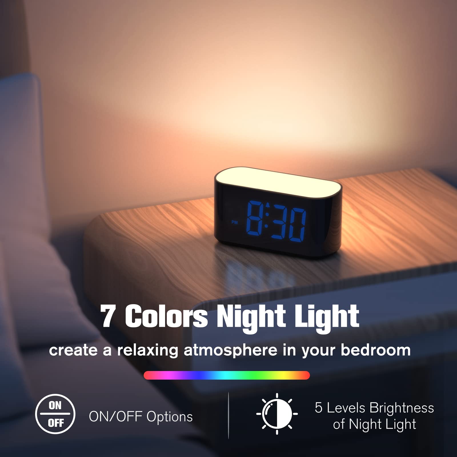 HOUSBAY Digital Alarm Clock for Bedrooms - Large Display Easy to Read Across The Room, 7 Larger Color Night Light, Dual Alarm, Dimmer, True Battery Backup, Adjustable Volume(Blue)