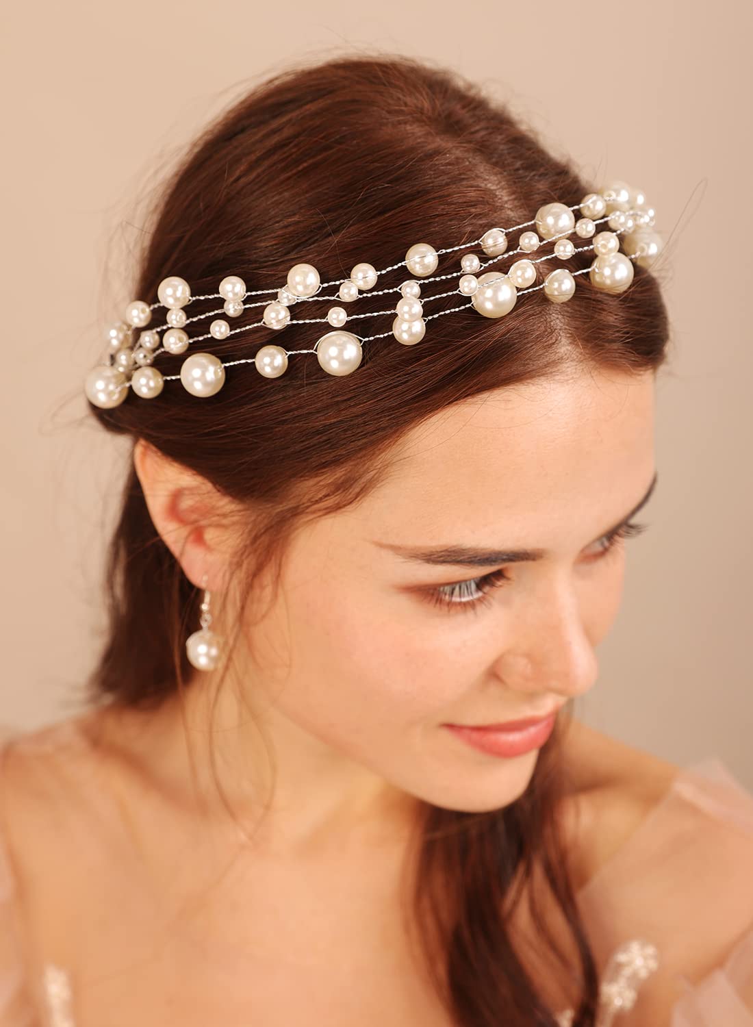 Kercisbeauty Pearl Layer Headband for Women Wedding Bridal Hair Tiara Handmade Headpiece for Wedding Prom Special Occasion Photo Shoot (Silver)