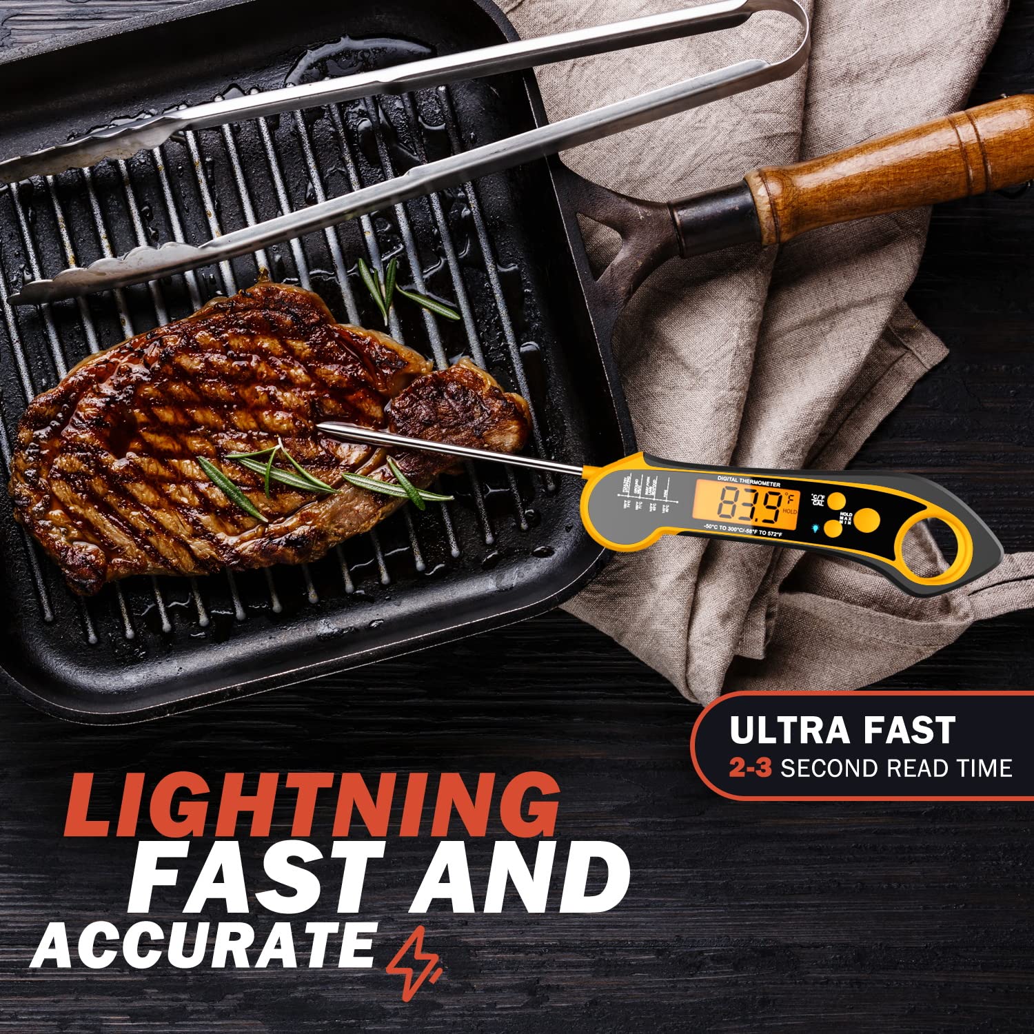 Meat Thermometer Digital, Biison Instant Read Meat Thermometer for Grilling and Cooking, Waterproof, Backlight, Ultra-Fast Accurate Food Thermometer for BBQ Grill, Liquids, Beef, Turkey, Candy(Orange)