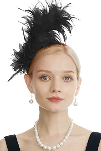 LyMet Women's 1920s Feather Fascinator Headband, Tea Party Flower Headpiece Derby Hat for Cocktail Gatsby Wedding (Black)