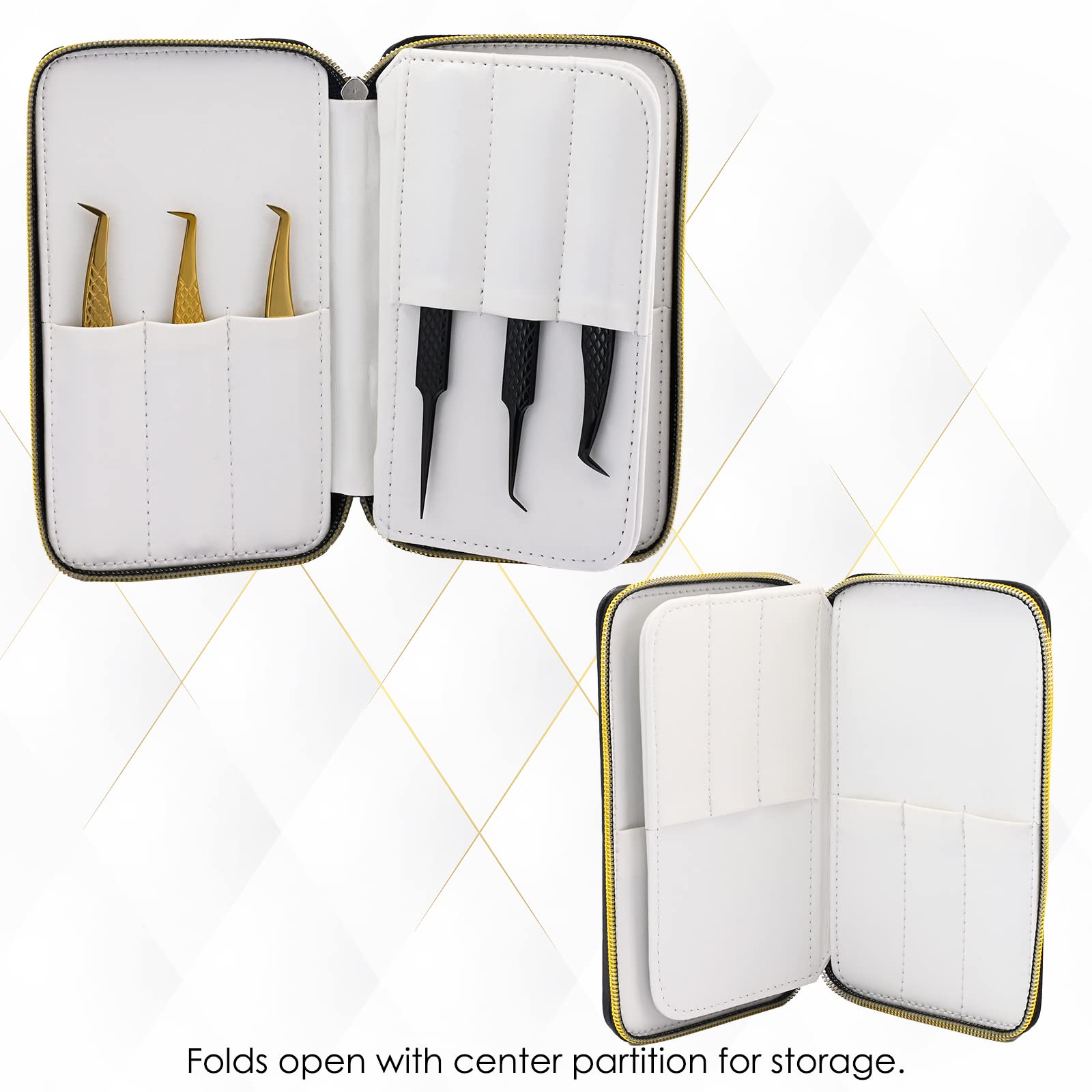 My Hair Tools PU Leather Empty 12pcs Eyelash Extension Tweezer Carry Case Portable Double Layers Travel Storage Bag Tweezers Lash Organize – Keep Your Beloved Safe & Secure (Gold Zip)