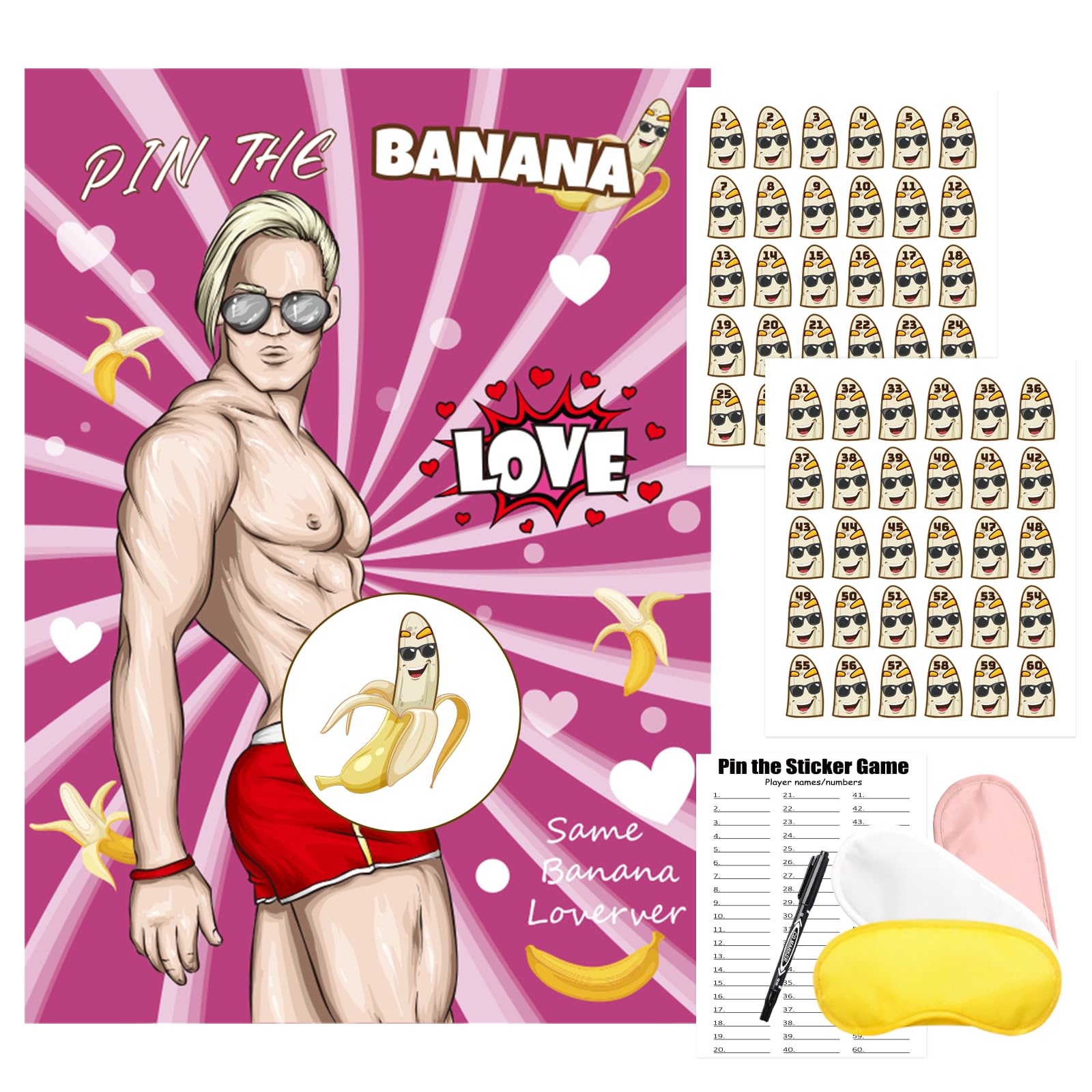 VOSINPADA Bridal Shower Bachelorette Party Games Pin The Banana on The Hunk Games, Bachelorette Party Favors Wedding Engagement Party Games Funny Ice Breaker Games Hilarious Party Games 60 Stickers