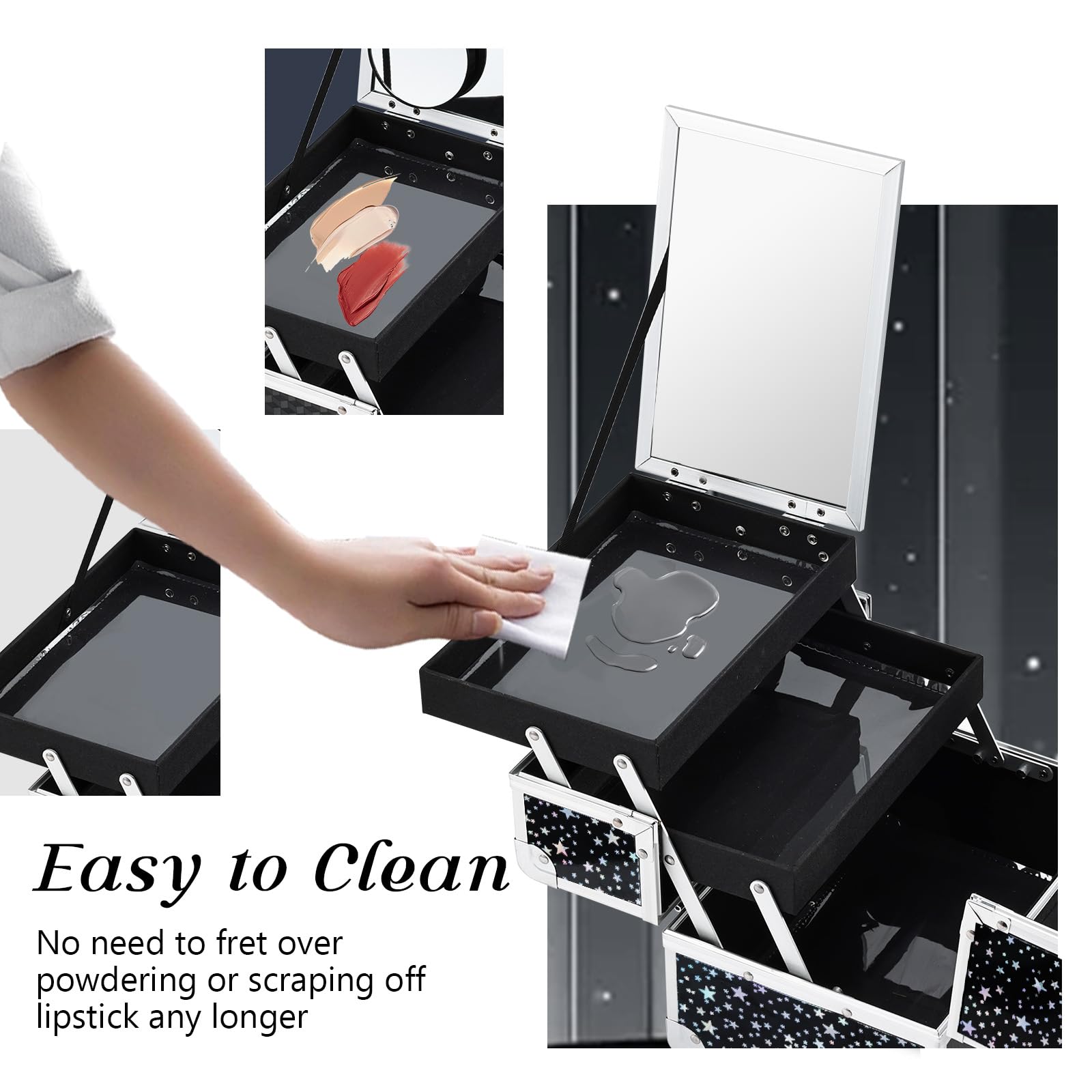 Joligrace Makeup Train Case Cosmetic Storage Jewelry Organizer Lockable with Keys and Mirror 2-Tier Tray Portable Carrying with Handle Travel Storage White Star