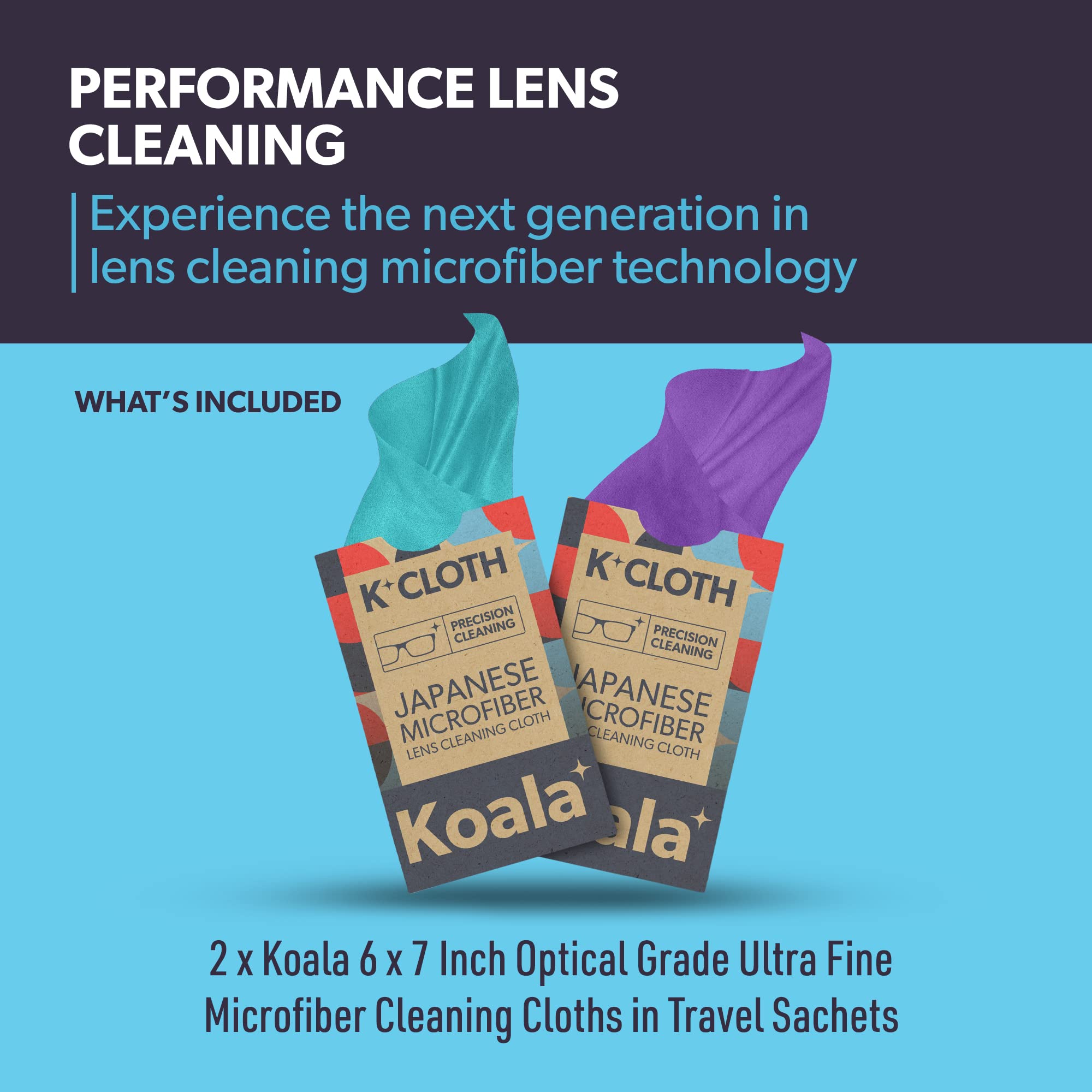 Koala Lens Cleaning Cloth | Japanese Microfiber | Glasses Cleaning Cloths | Eyeglass Lens Cleaner | Eyeglasses, Camera Lens, VR/AR Headset, and Screen Cleaning | Blue & Purple (Pack of 2)