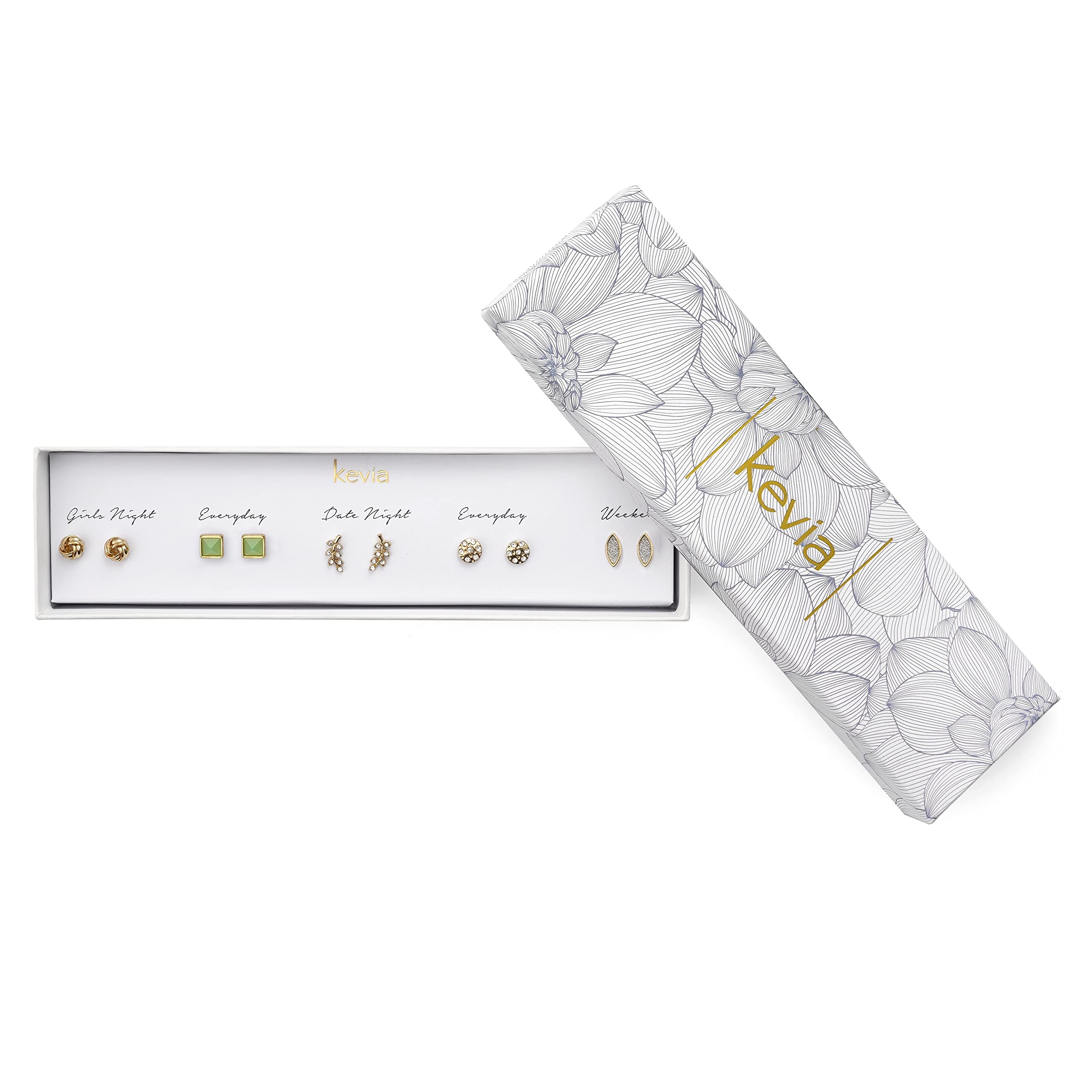 Kevia Set of 5 Stud Earrings in Gold with Green Gemstone, CZ & Leaf & Knot Accents