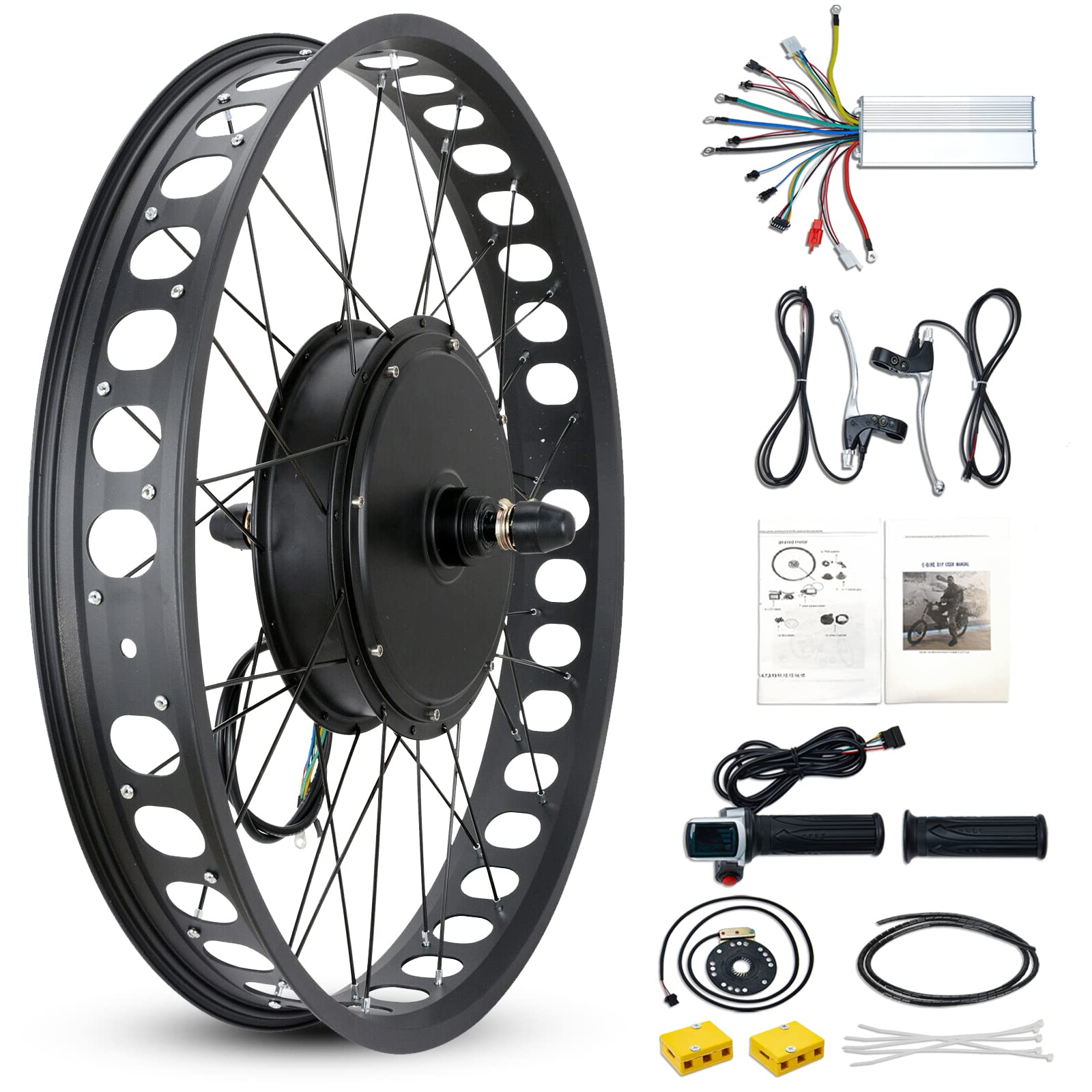JauoPay 48V 1000W Electric Bicycle Conversion Kit Brushless Gearless Hub Motor 26"x4"~4.25" Front Fat Tire Wheel Frame Dual Mode Controller