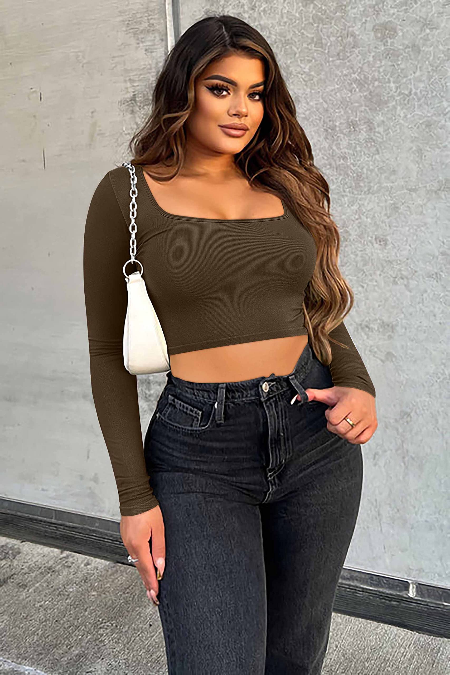 OQQ Women's 2 Piece Yoga Crop Top Seamless Stretch Basic Workout Exercise Long Sleeve, Coffee, Small